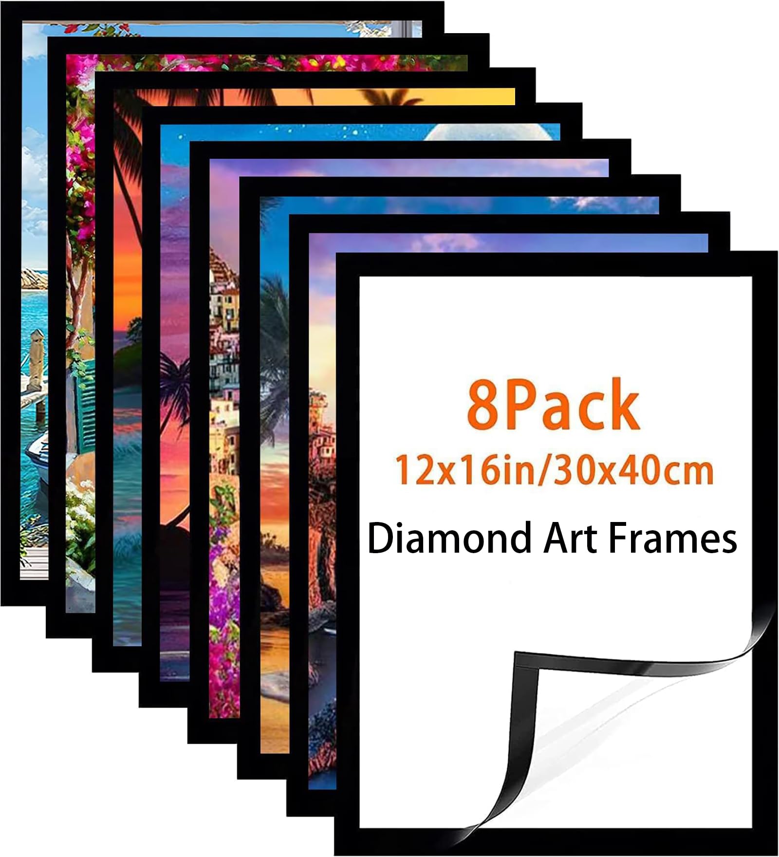 Diamond Art Frame 12x16 Inch - Diamond Frames 30x40 cm Painting Suitable for 10x14inch Picture, Diamond Frames Magnetic Self-Adhesive,Suitabble Frames Painting for Wall Window Door - 8 Pack (Black)