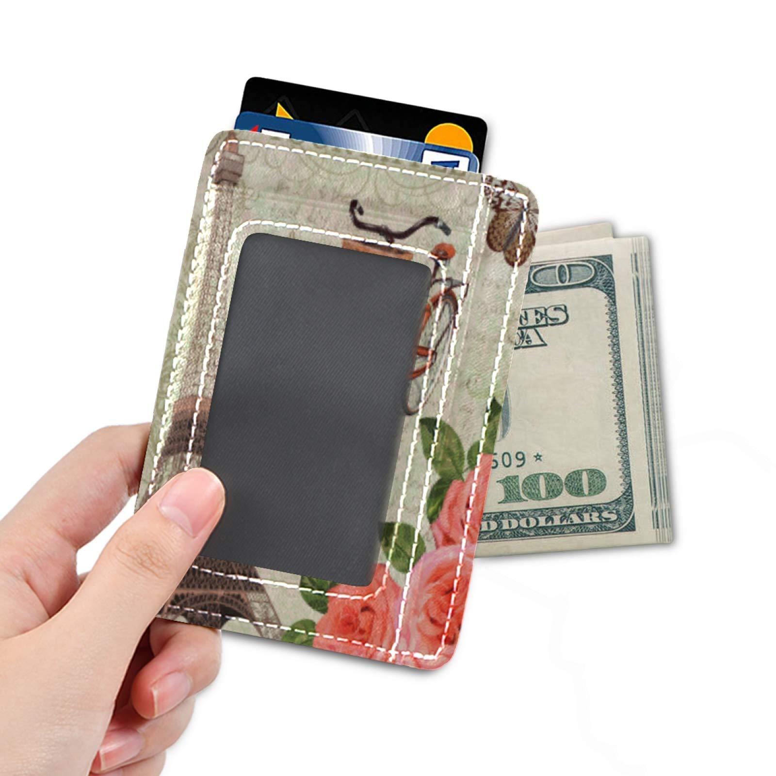 Linomo Thin leather Card Holder and Money Clip Vintage Eiffel Tower Wallet RFID Blocking for Men & Women