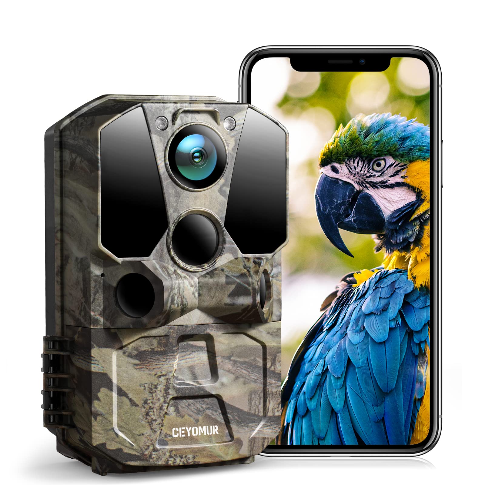 CEYOMUR Trail Camera, WiFi Bluetooth Native 30MP 1296P Hunting Camera with 120° Motion Sensor 0.2s Trigger Time Trail Game Camera with IR Night Vision and IP66 Waterproof for Wildlife Monitoring