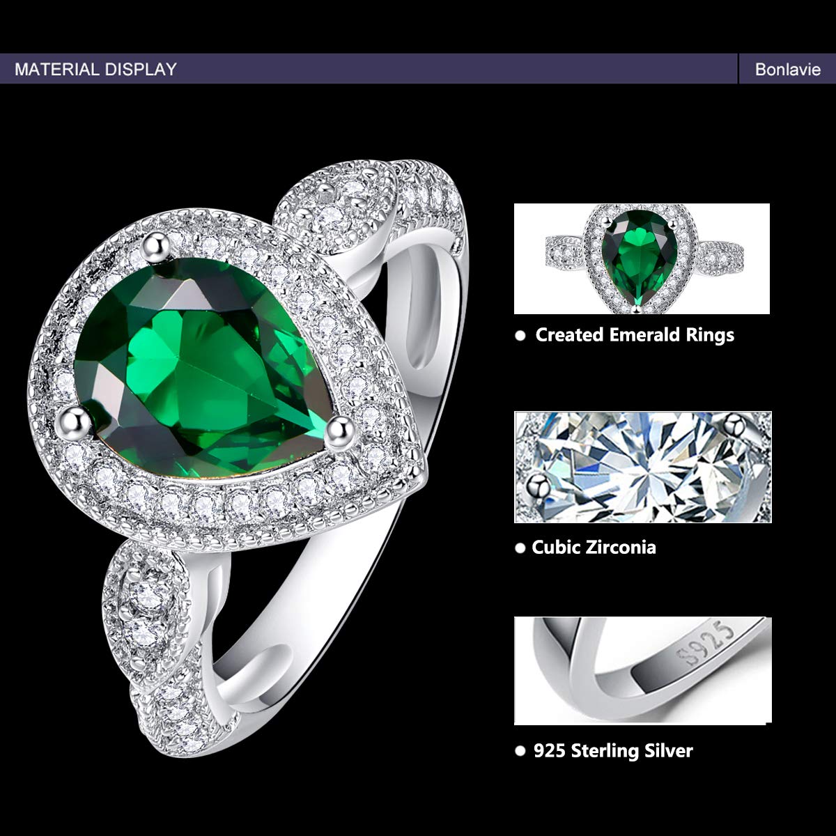 BONLAVIE Wedding Band Engagement Rings for Women With Solid 925 Sterling Silver Created Emerald Cubic Zirconia Rings Size 7