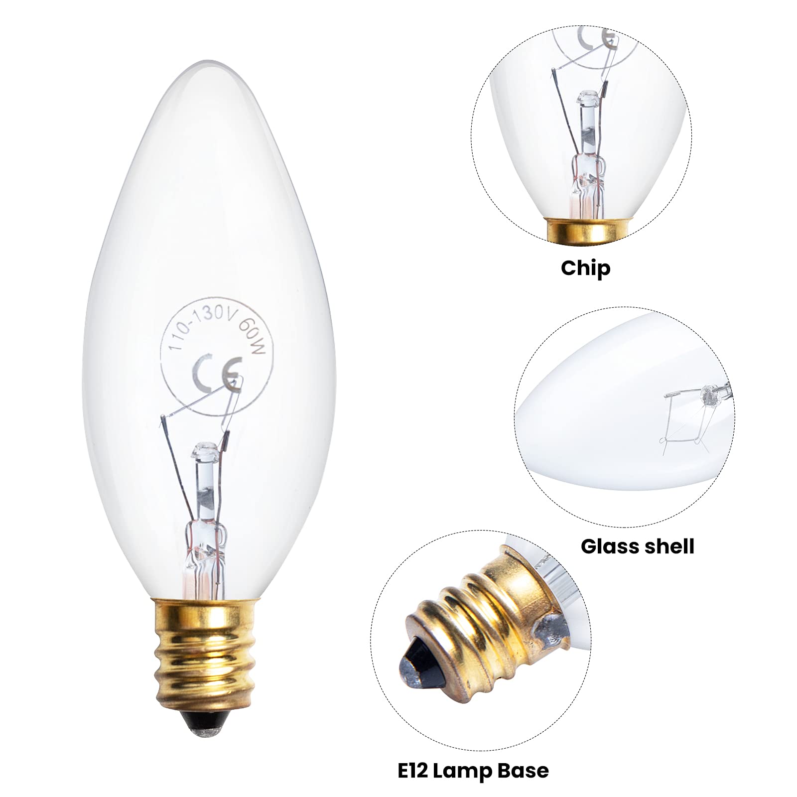 Bonlux 60W 120V E12 Base B10 CTC Incandescent Clear Light Bulbs Dimmable Candelabra Bulb B10 Transparent Candle Bulb for Chandeliers and Wall Lights, Warm White 2600K, 10-Pack