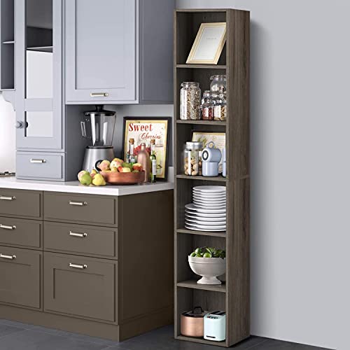 HOFFREE 6-Tier Narrow Bookcase Tall Wood Bookshelf Cabinet Cube Organizer Book Shelves Display Storage Shelves Rack for Small Spaces Home Office Living Room - Oak
