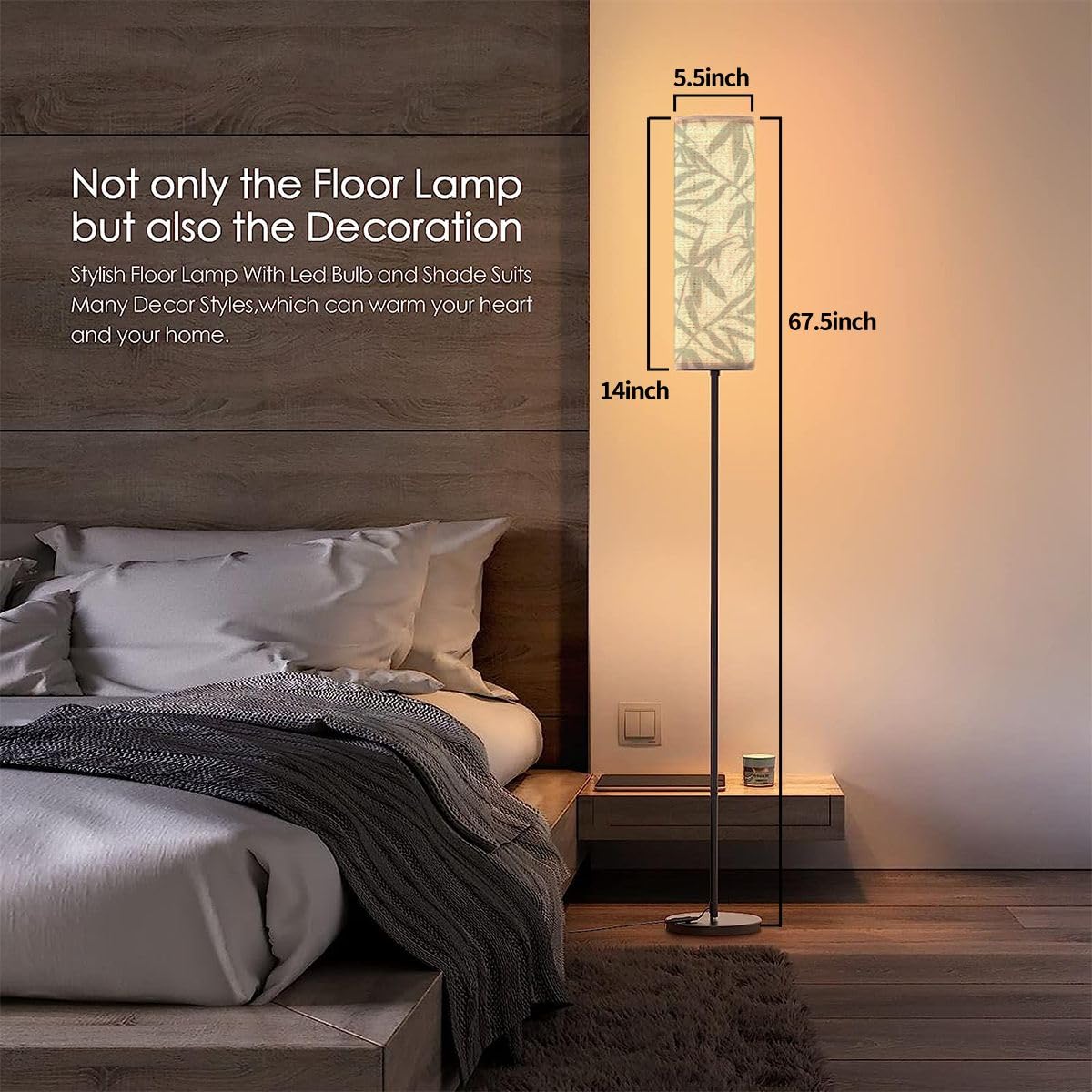 Boho Standing Lamps Bamboo tree silhouette pattern white japanese style black Minimalist Floor Lamp Metal Pole Lamp with Linen Lampshade for Bedroom Living Room Office Nursery Reading Foot Switch