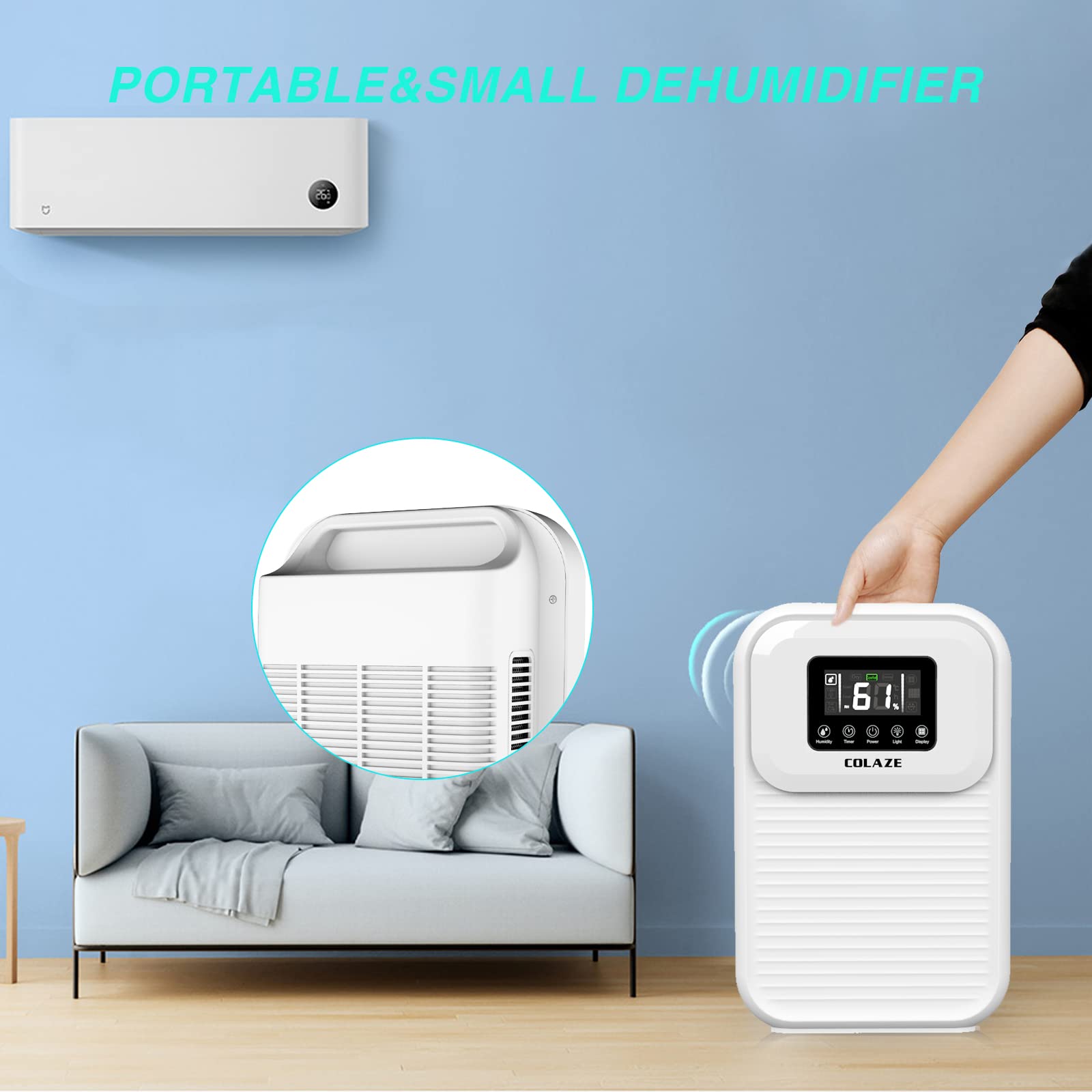 COLAZE Dehumidifiers for Small Spaces Dehumidifier Up to 500 Sq.ft with LED Display, Humidity Setting, Timer, Auto Shut off, Defrost Functions