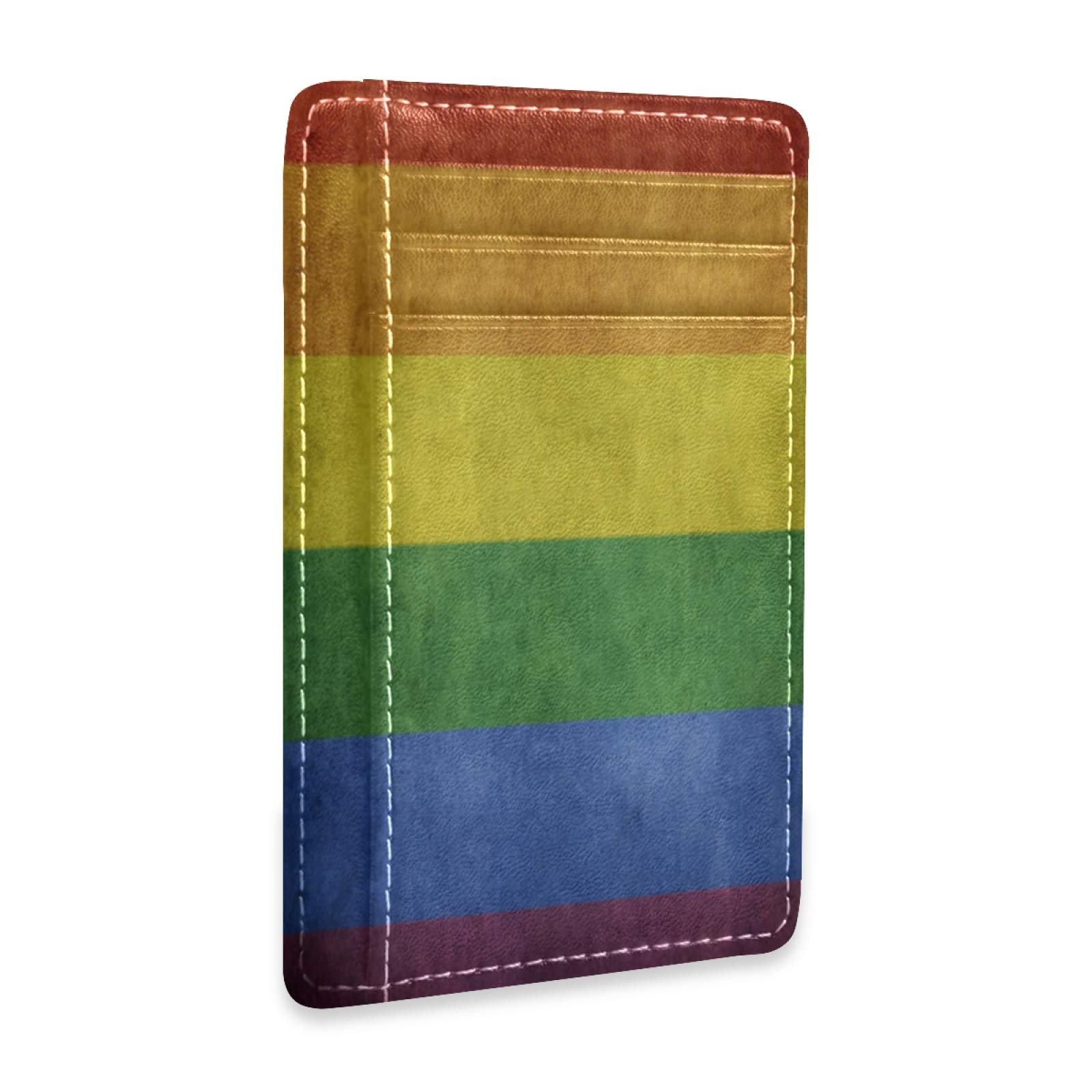 Linomo Thin leather Card Holder and Money Clip Vintage Rainbow Flag LGBT Wallet RFID Blocking for Men & Women