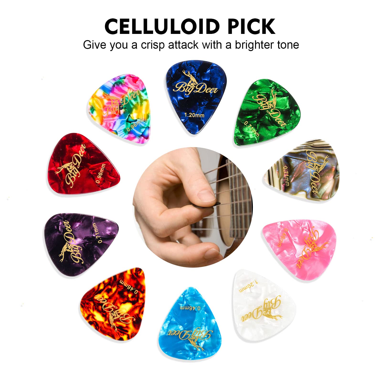 BigDeer 50 pack Celluloid Guitar Picks ,includes Thin,Medium, Heavy & Extra Heavy Picks Plectrums for Acoustic Guitar,Ukulele,Bass ,with 6 Guitar Selection Grips Silicone pad Wrapped in tin box