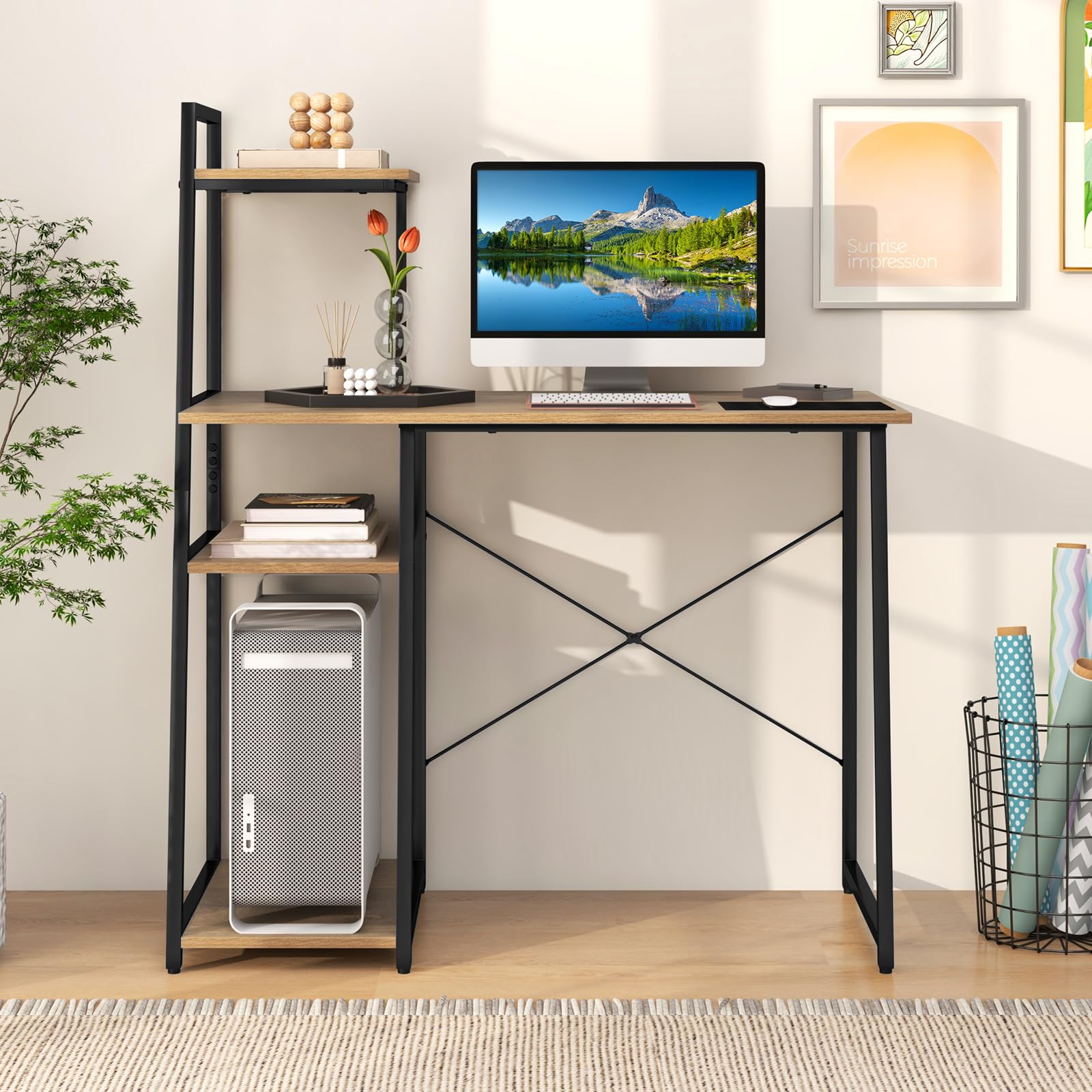 Giantex Computer Desk with Shelves, 47.5β Home Office Desk with Bookshelf, Host Stand, Metal Frame, PC Laptop Workstation, Modern Study Writing Desk for Bedroom, Small Space (Natural & Black)