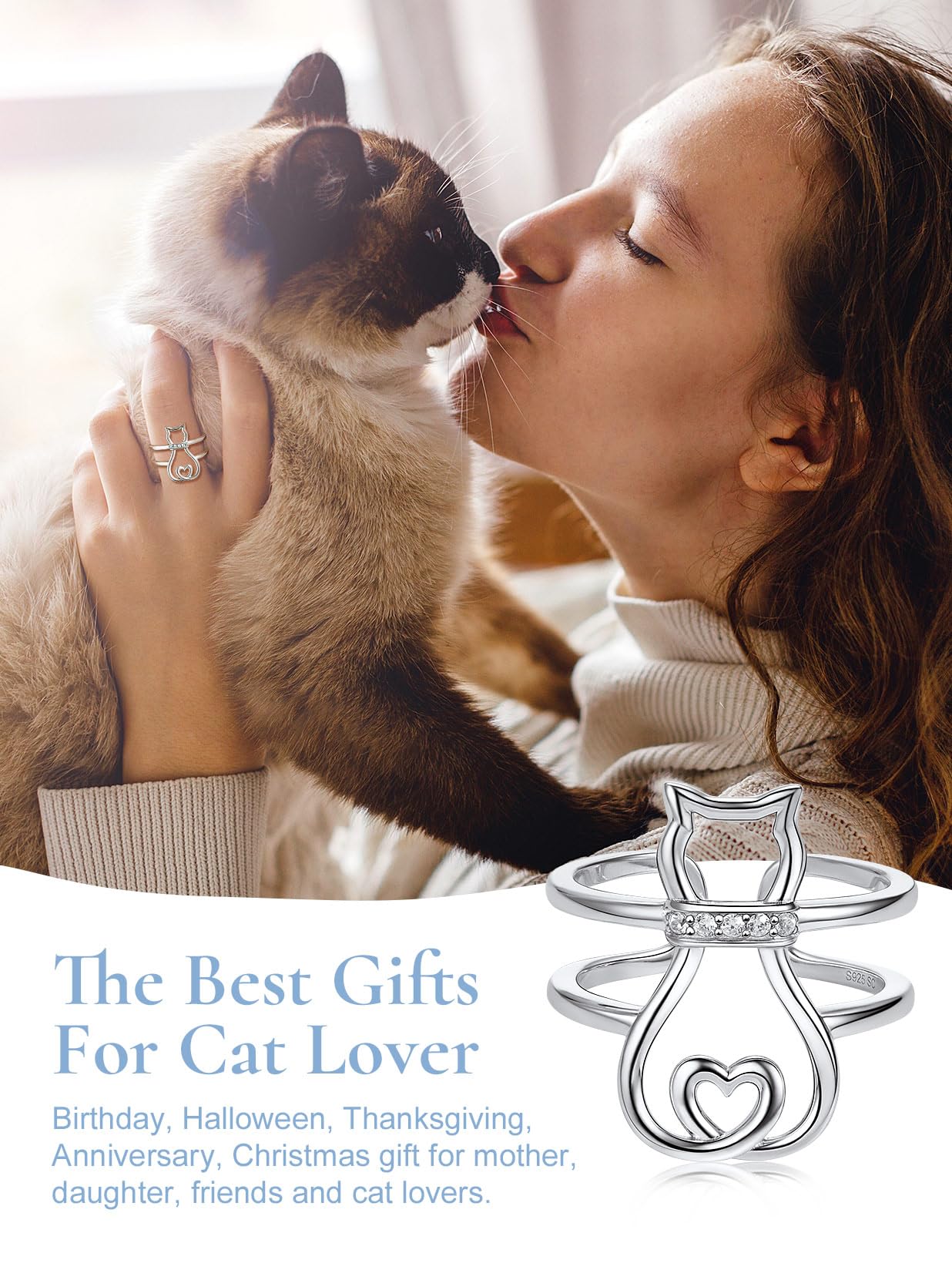 SILVERCUTE 925 Sterling Silver Cat Cute Ring Glittering Heart Cubic Zirconia Sparkle Adjustable Ring