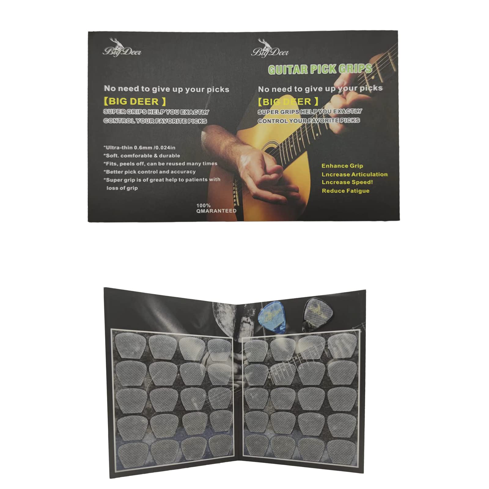BigDeer Ultra-thin 0.6mm/0.024in Guitar Pick Grips 40pc Large Grip, Durable Reusable Soft Thin Stick On Grip for Picks non Slip Hold Control & Comfort(Comes with two guitar picks with grips)