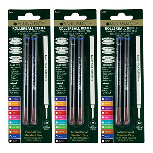 Monteverde Ceramic Rollerball Refill for Capped Rollerball Pens, Blue, 6 Pack (G233BU)