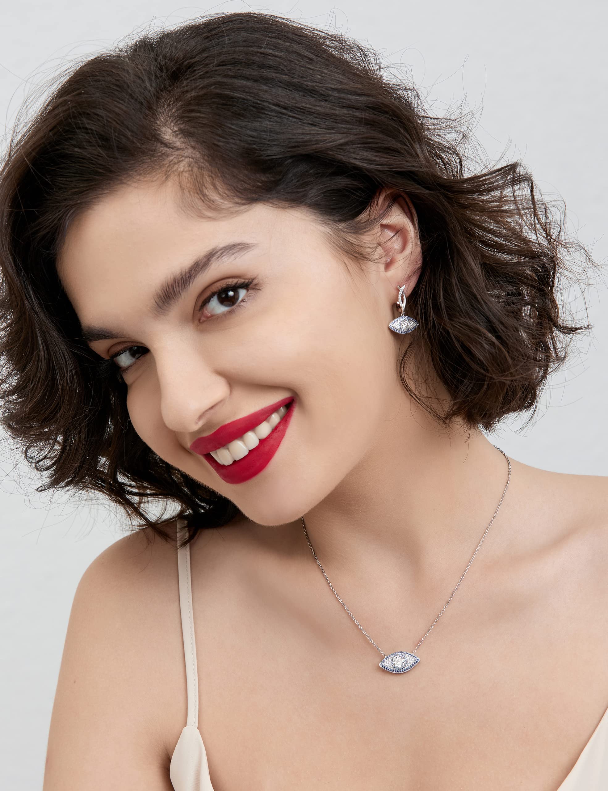 CannyCat Moissanite Evil Eye Pendant Necklace 1.2 CTTW D color VVS Moissanite and Sapphire Necklaces Lab Created Diamond Platinum Plated Sterling Silver Chain 16β+2β Lucky Gift for Women