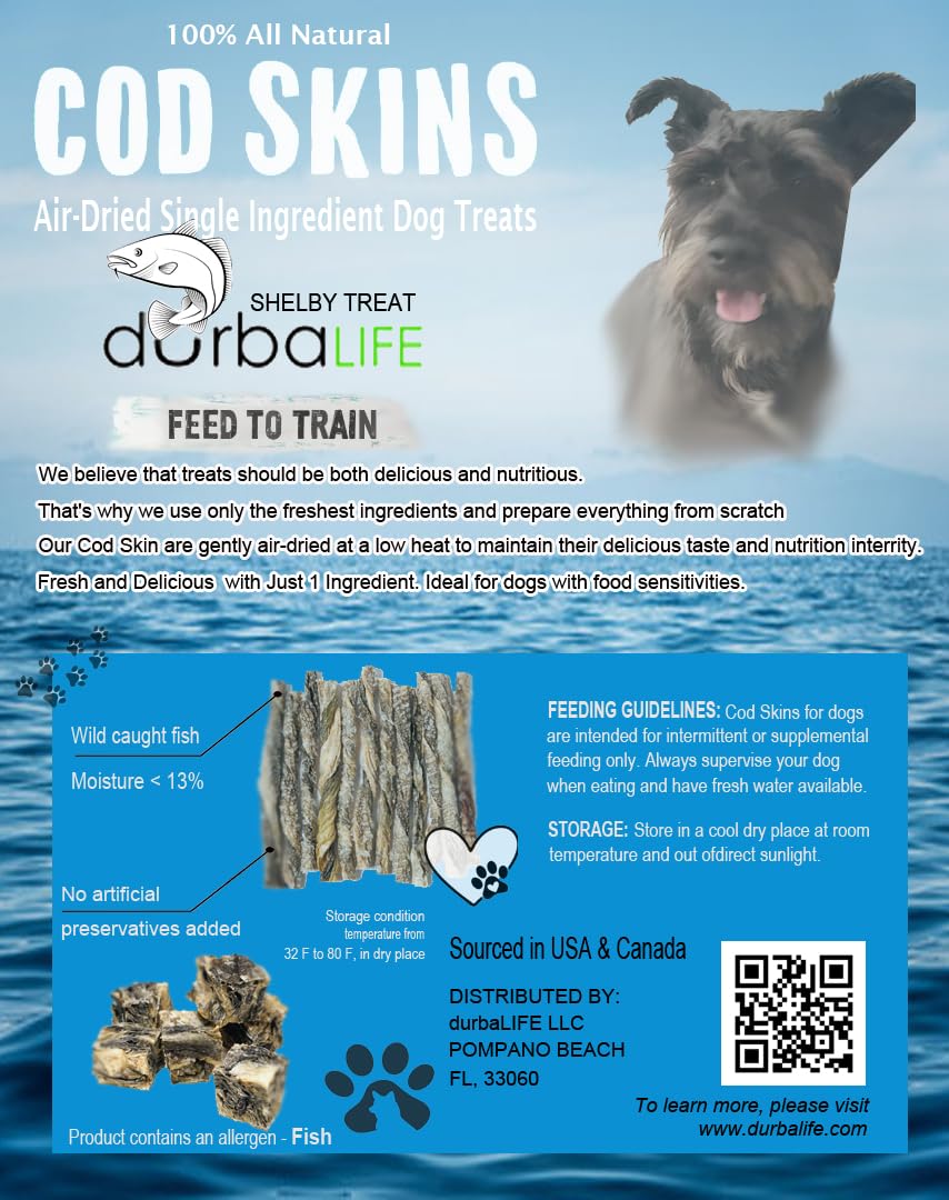 DurbaLife Air-Dried Cod Fish Braided Skin Treats for Dogs. Extra Crispy & Crunchy Hand Wrapped Single Ingredient Sticks Chews. Grain Free. (3.1 Oz Pack)