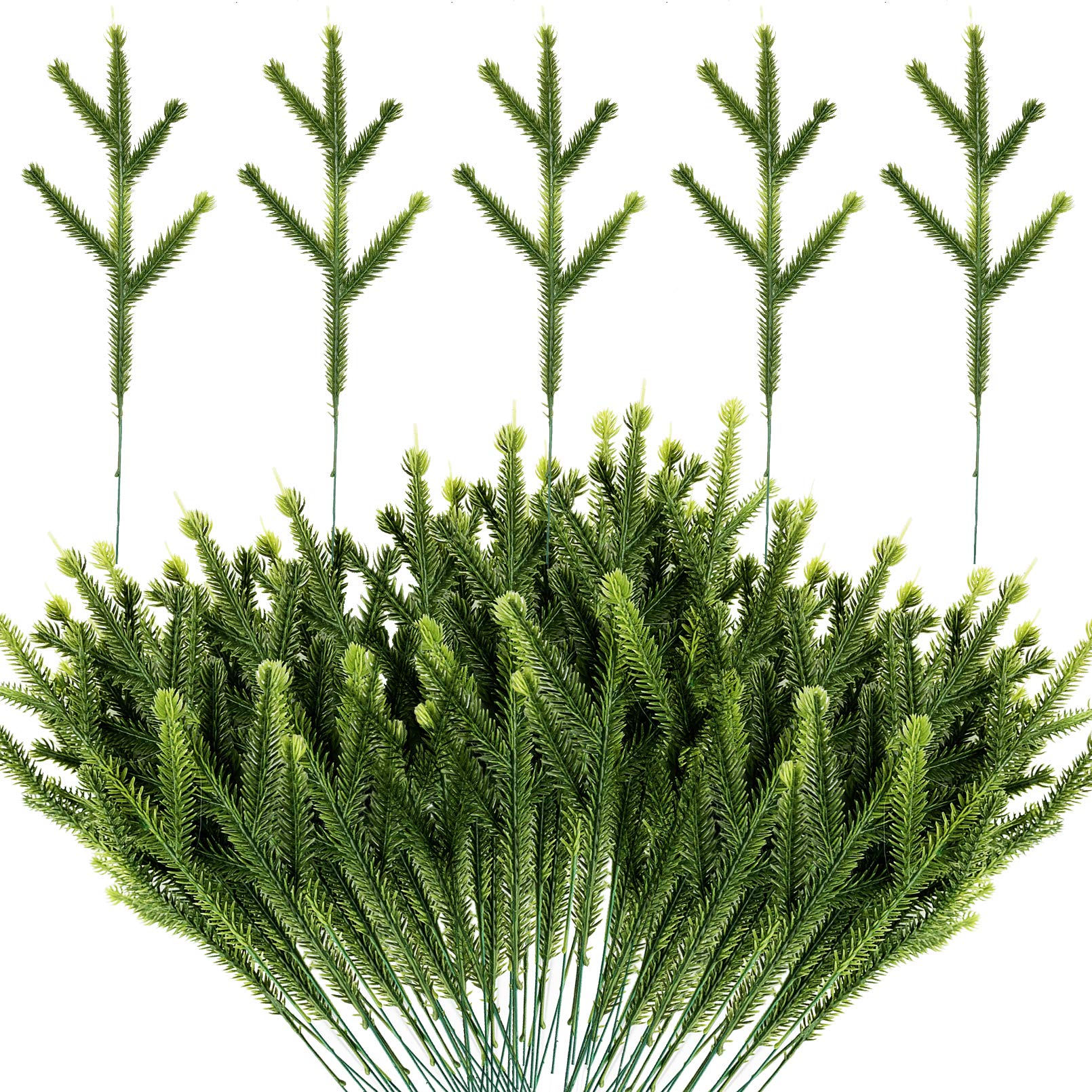 Purple Star Alpurple 100 Packs Artificial Pine Needles Branches Garland-6.7x2.0 Inch Green Plants Pine Needles, Fake Greenery Pine Picks for DIY Garland Wreath Christmas and Home Garden Decoration (100pcs)
