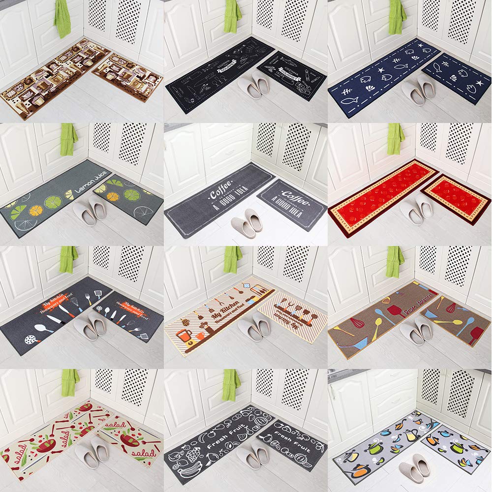 Carvapet 2 Pieces Non-Slip Kitchen Mat Set Rubber Backing Doormat Runner Rug Set, Fruit Design (Grey 15"x47"+15"x47")