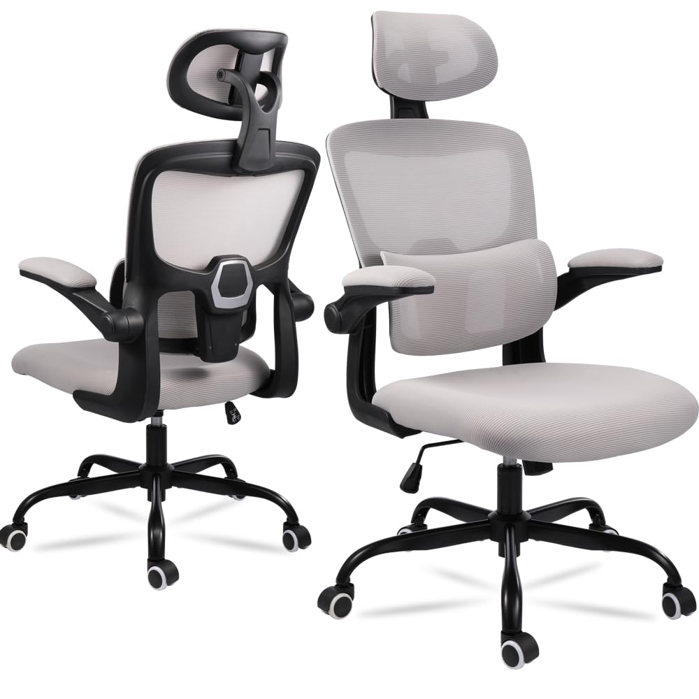 Ergonomic Office Chair Mesh Desk Chair Lumbar and Back Support Computer Chair with Adjustable Headrest Pillow 360 Swivel Casters and Flip-up Armrests for Home Office (Gray)
