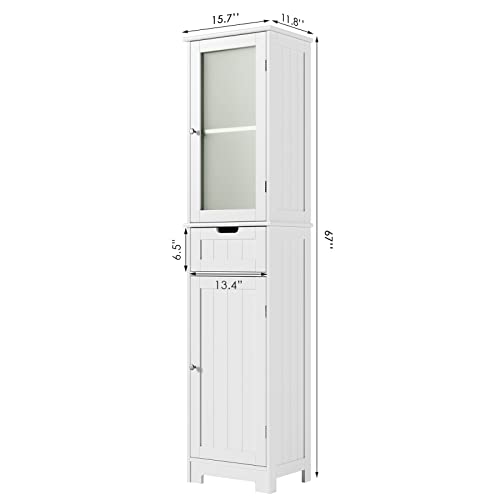 HORSTORS Bathroom Storage Cabinet with 2 Doors & 1 Drawer, Floor Freestanding Narrow Tall Cabinet with Adjustable Shelves for Living Room, Bedroom, White