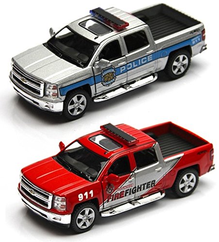 KiNSMART 2014 Chevrolet Silverado 1:46 Scale 5 Inch Police & Firefighter Pick-up Truck (2 Set)