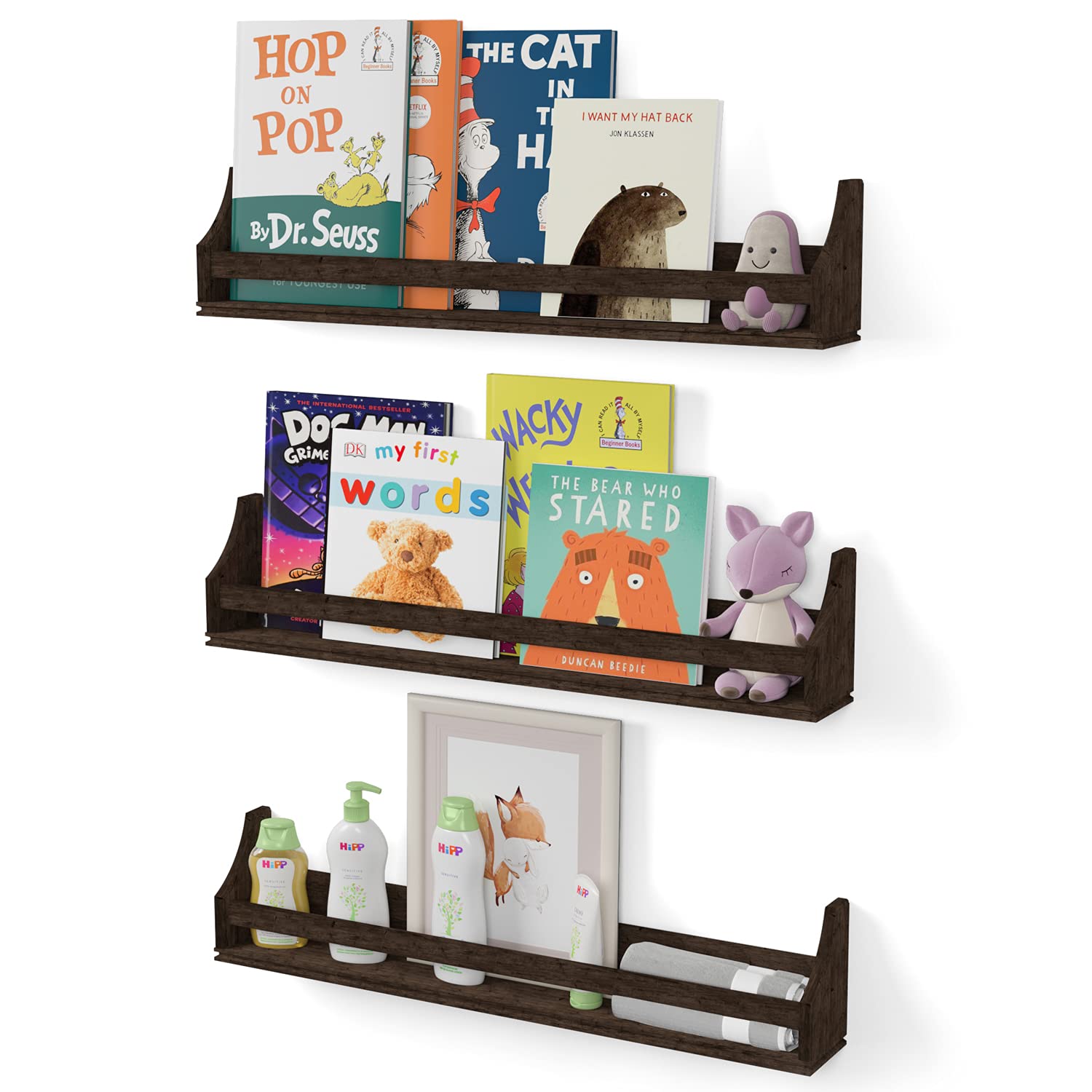 brightmaison Angel 30" Floating Shelves for Wall Decor, Kids Bookshelf for Wall, Toy Storage Shelf & Nursery Book Shelves Wood Wall Shelves for Home Decor Set of 3 Brown