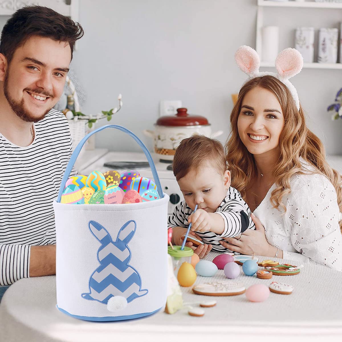 Cootato 2 Pack Easter Bunny Basket Bags for Kids, Stripe Rabbit Pattern Egg Basket Hunt Bags Personalized Canvas Cotton Bucket with Fluffy Tail for Easter Eggs, Candy, Gift (Multi-Stripe, Blue)