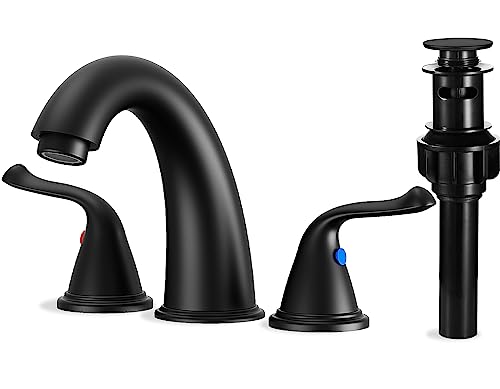 Black Bathroom Faucets, Faucet for Bathroom Sink - 2 Handle Basin Faucet, 3 Hole 8 Inch Widerspread Bathroom Faucet with Pop Up Drain Assembly, Water Supply Lines Faucets for RV Bath Vanity