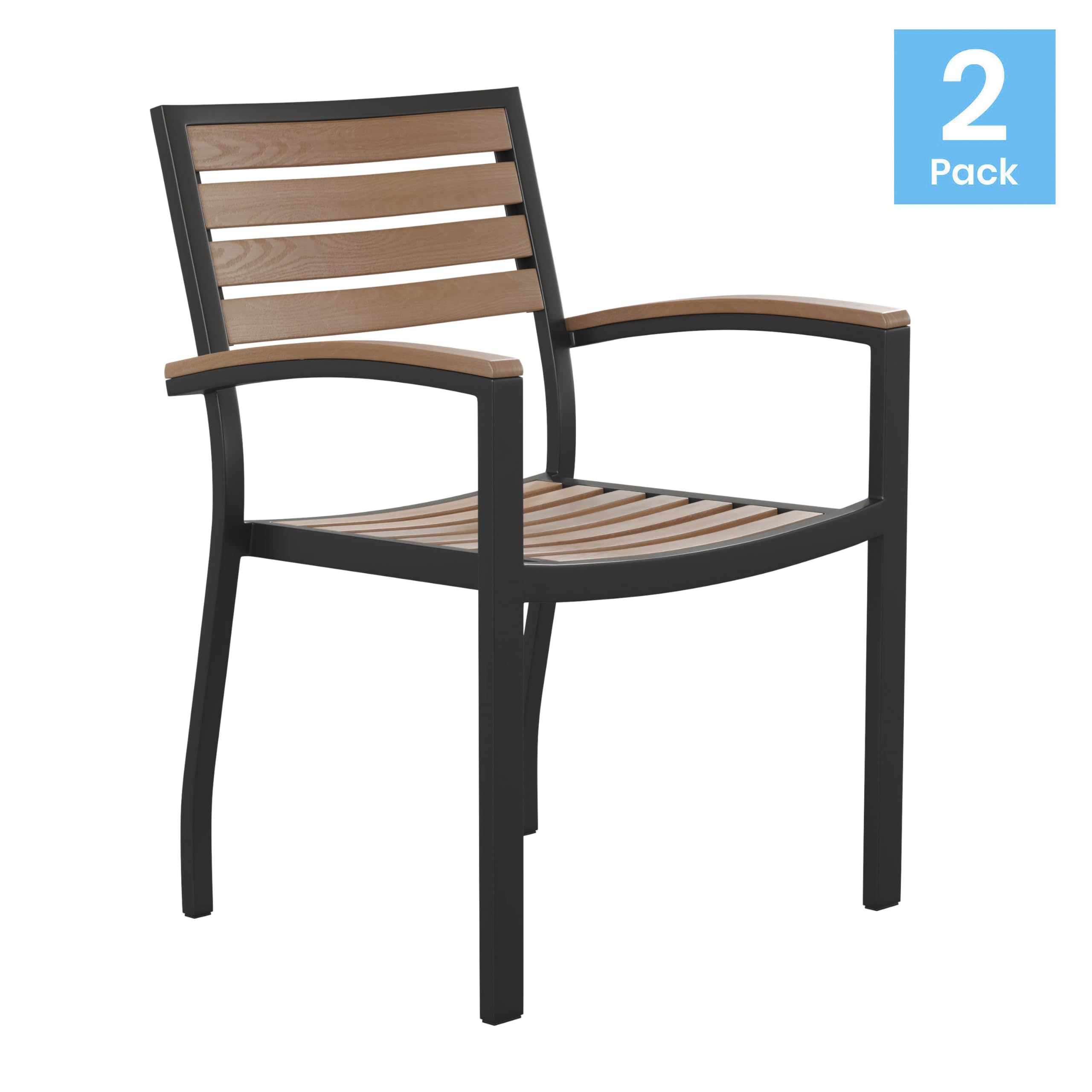 EMMA + OLIVER Stackable Aluminum Patio Chair - Set of 2 All-Weather Black Framed Side Chair with Faux Teak Slats - Commerical Grade