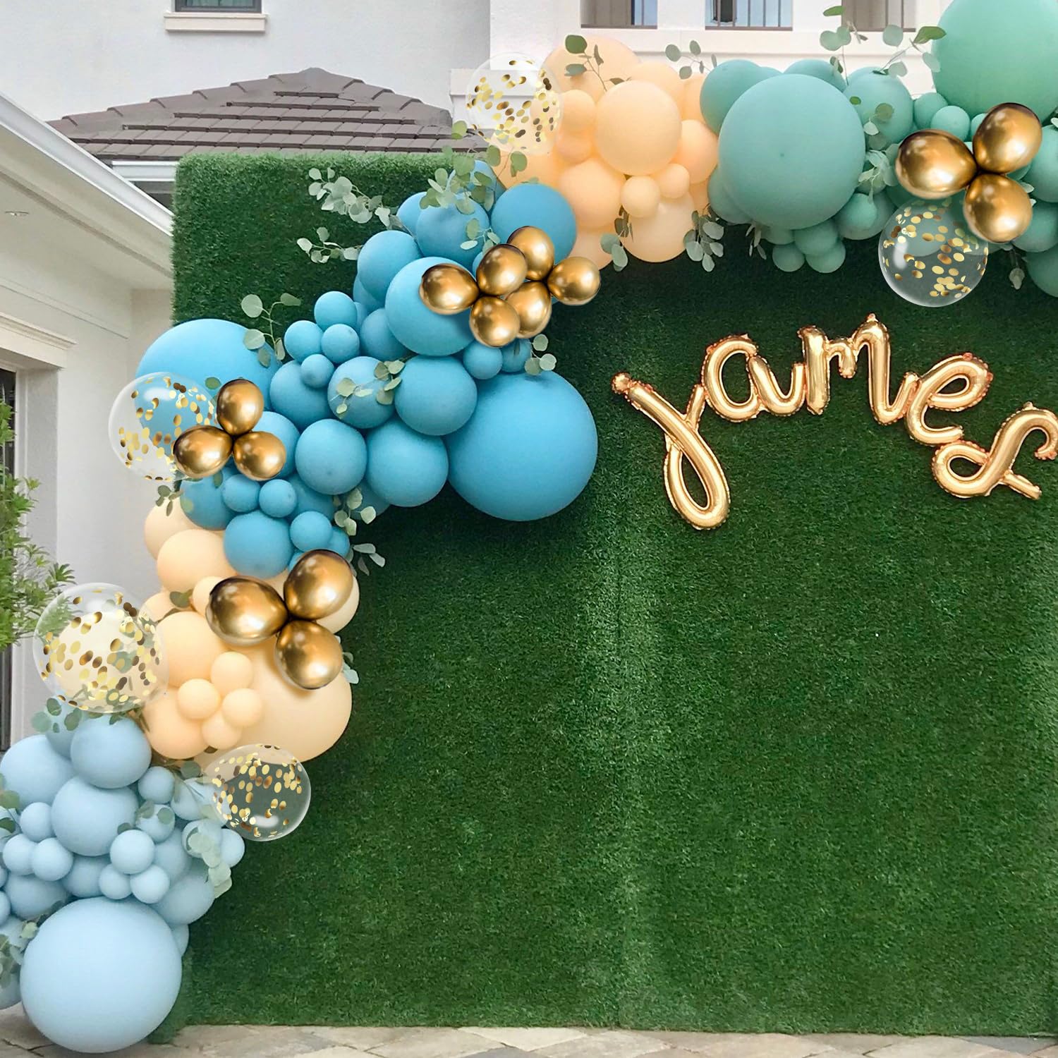Dusty Blue Green Balloon Garland Arch Kit Blue Green White Sand Gold Confetti Balloons for Bridal Boho Birthday Party Backdrop Decorations