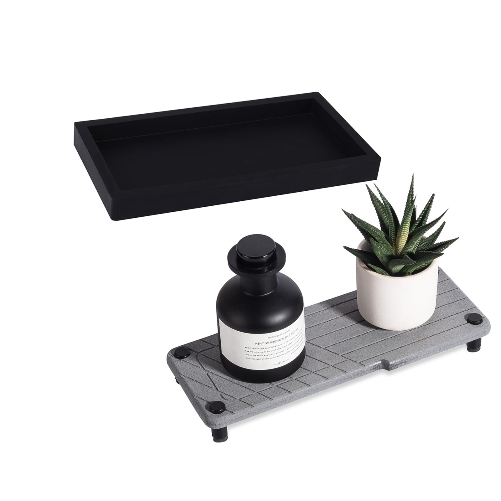 Black Bathroom Vanity Tray and Instant Dry Sink Caddy Kitchen Sponge Soap Holder Dispenser Organizer Stone Tray for Sink, Bathroom, Counter, Small, Foam,