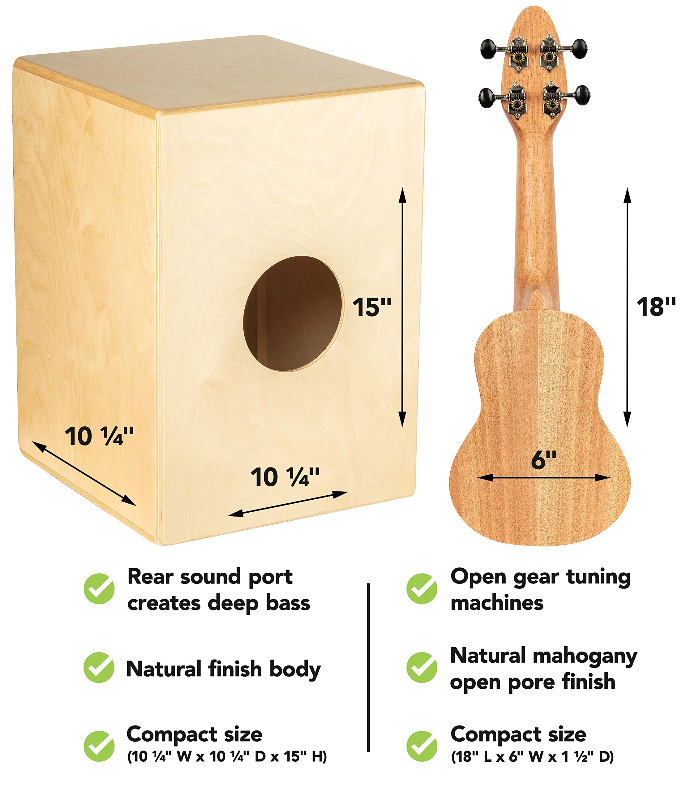 Meinl Percussion Snare Cajon Box Drum with Ukulele Jam Bundle β Keiki Sopranino by Ortega Guitars β Two Year Warranty, JC50K1
