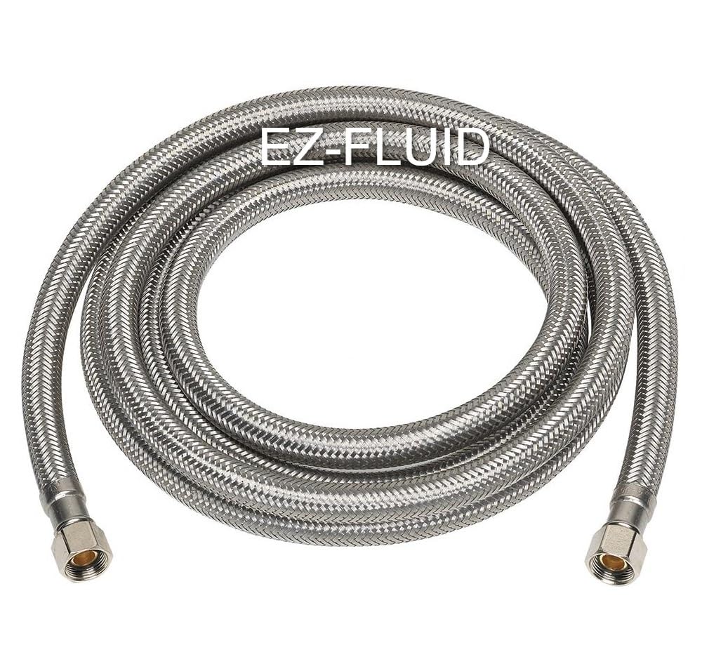 EZ-FLUID 180"(15Ft) x 1/4" Female Comp x 1/4" Female Comp Burst-Proof Stainless Steel Braided Flexible Refrigerator Ice Maker Water Line Connector, Fridge Flex Water Supply Hose,Portable&Home