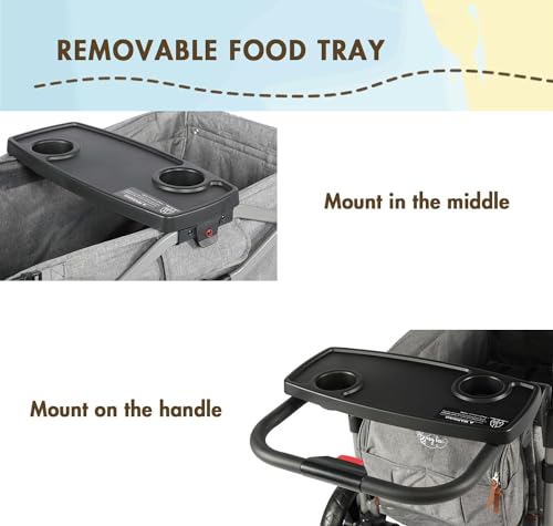 Busy Bee Foldable Wagon Stroller for 2 Kids, Push Pull Collapsible Kids Wagon with Adjustable Handle Bar, Removable Canopy, 5-Point Harness, Shock-Absorbing Wheels, Grey