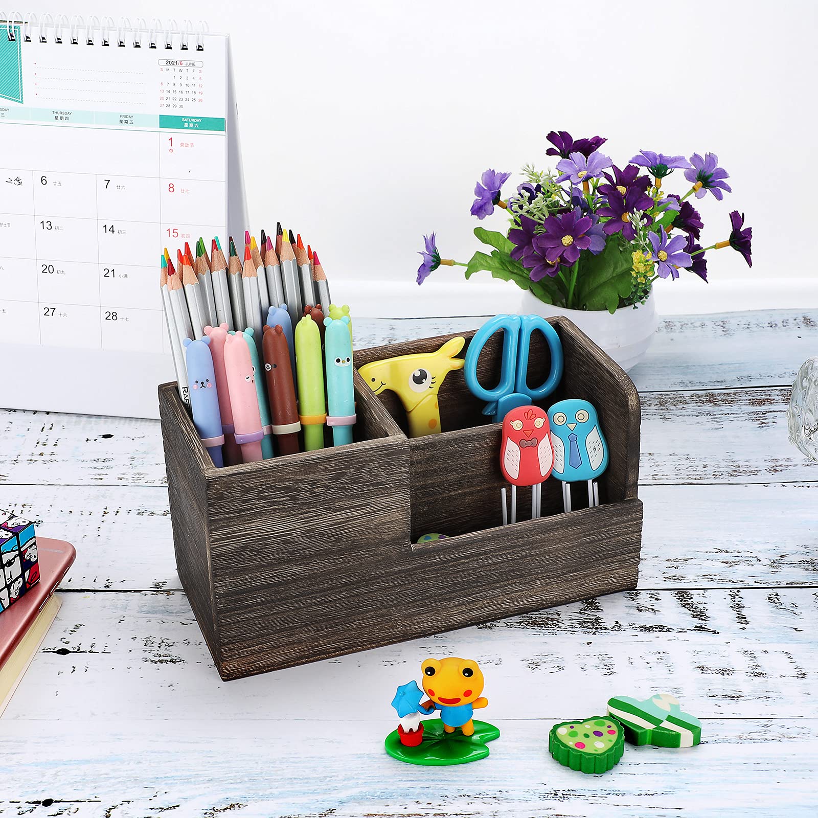 BTSKY Desk Pen Pencil Holder Leather Multi-function Desk Stationery Organizer Storage Box Pen/Pencil, Cell phone, Business Name Cards Remote Control Holder (Linen Grey)
