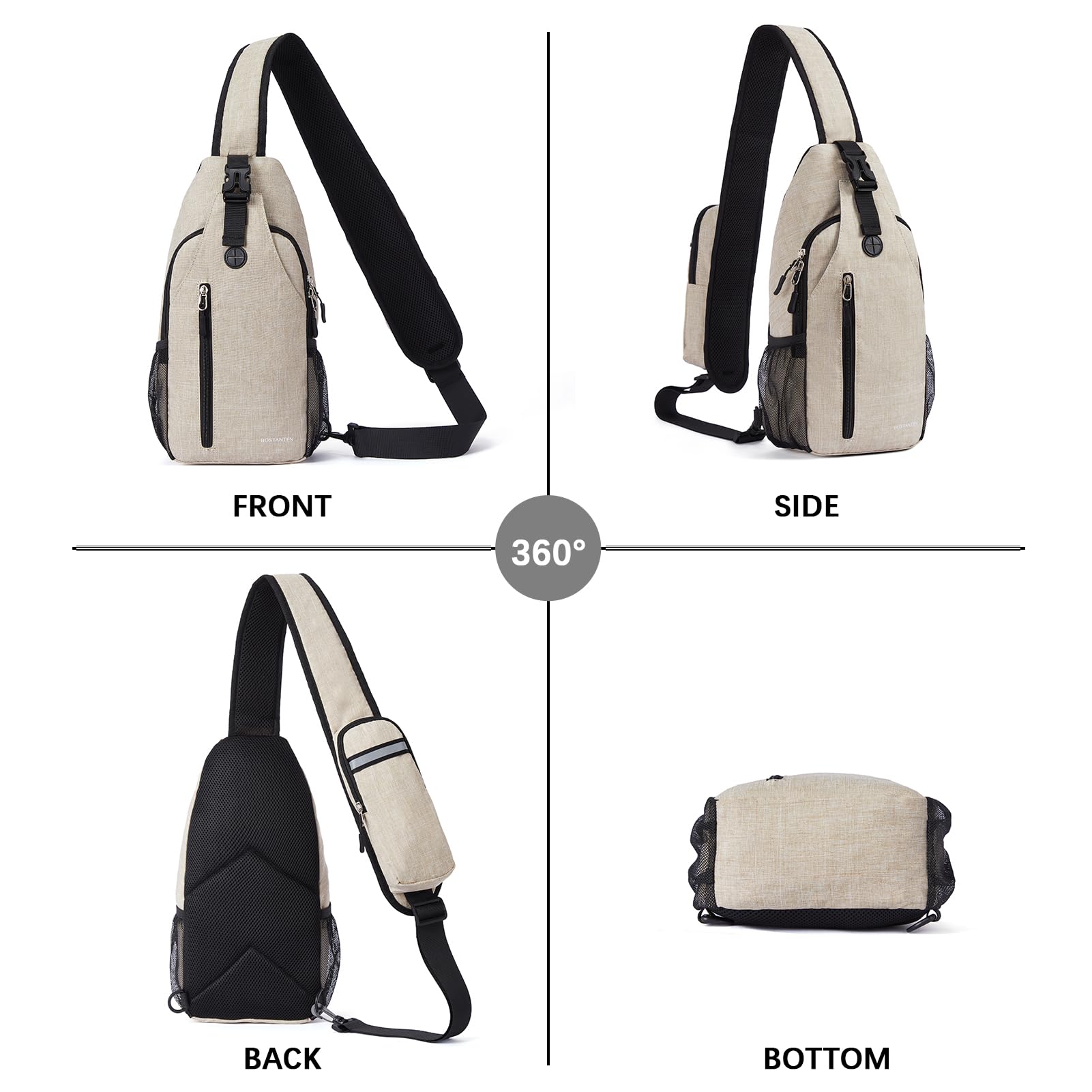 BOSTANTEN Sling Bag, Crossbody Backpack RFID Shoulder Chest Bag for Men Women Travel Hiking Casual Daypack, Khaki