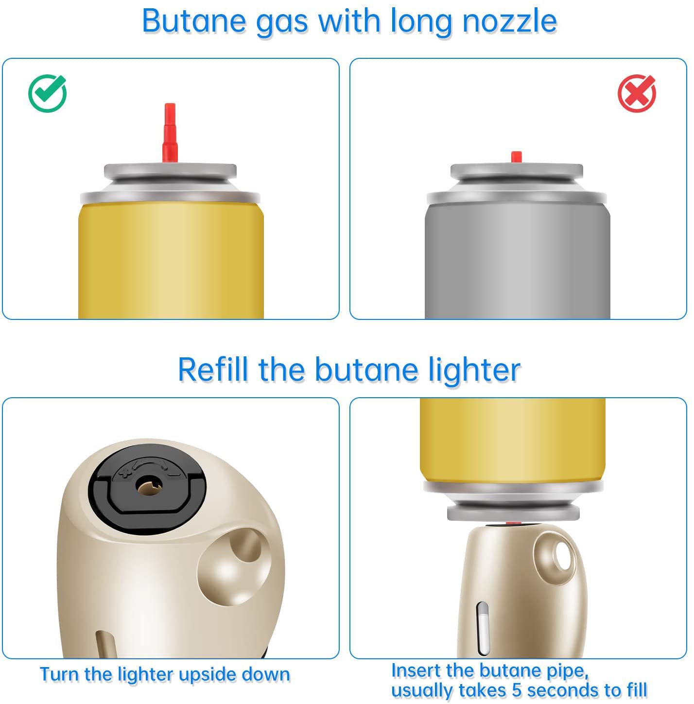 Butane Lighter Torch Long Lighter Jet Flame Windproof Lighter with Visual Fuel Window for Fireplace Kitchen Grill BBQ Camping, Gold (No Butane Included)
