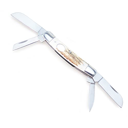 DIAMOON Small Folding Pocket Knife Tools 3.6β Medium Congress Classic Traditional Stag Handles with 4x 420 Stainless Blades, gift for dad, knife collectors