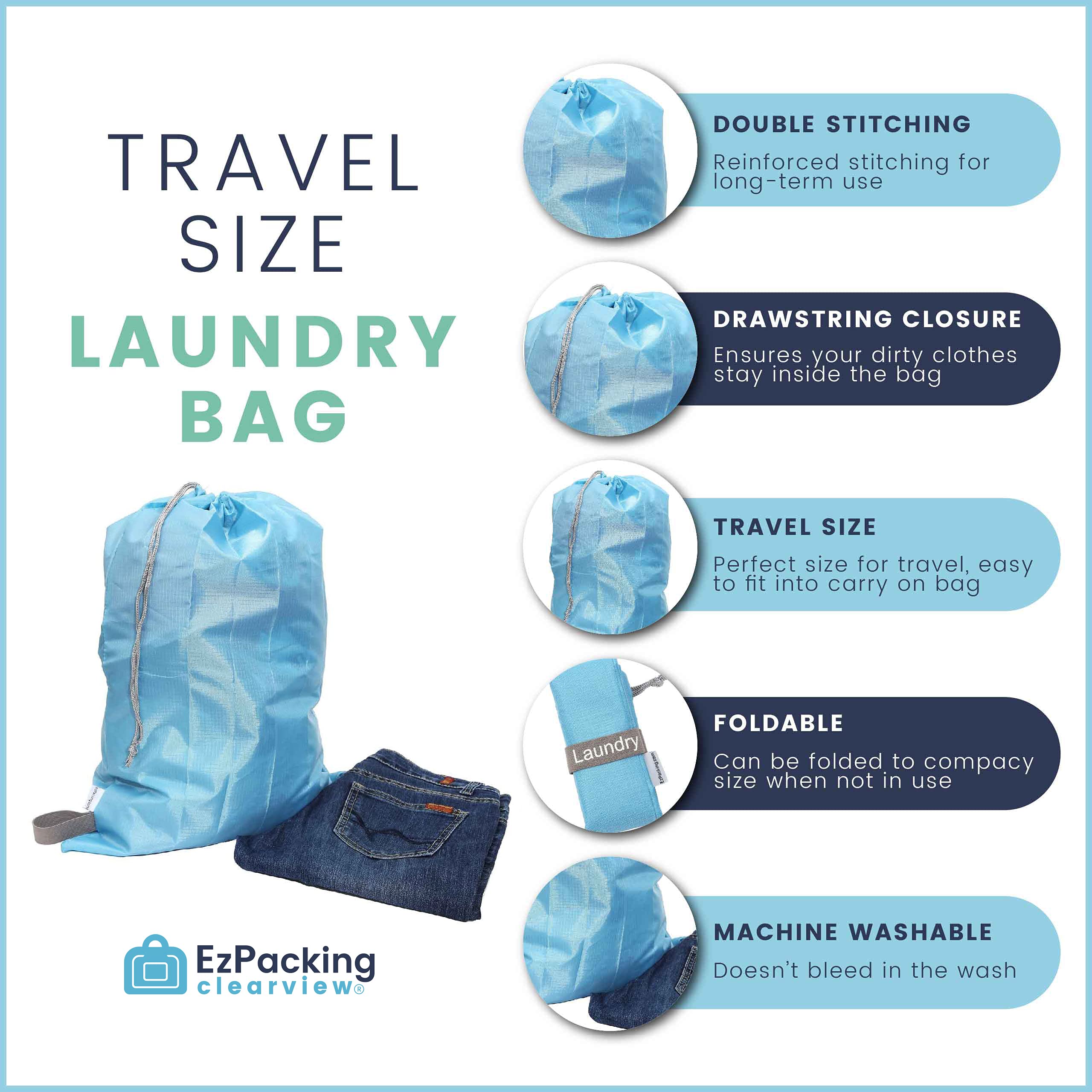 EzPacking Travel Laundry Bag with Drawstring/Foldable Compact Lightweight Small Travel Size for Suitcase / (22β X 16β) / Clean Dirty Clothes Wash Bag/Nylon Blue/Washable/For Women Men Kids Baby