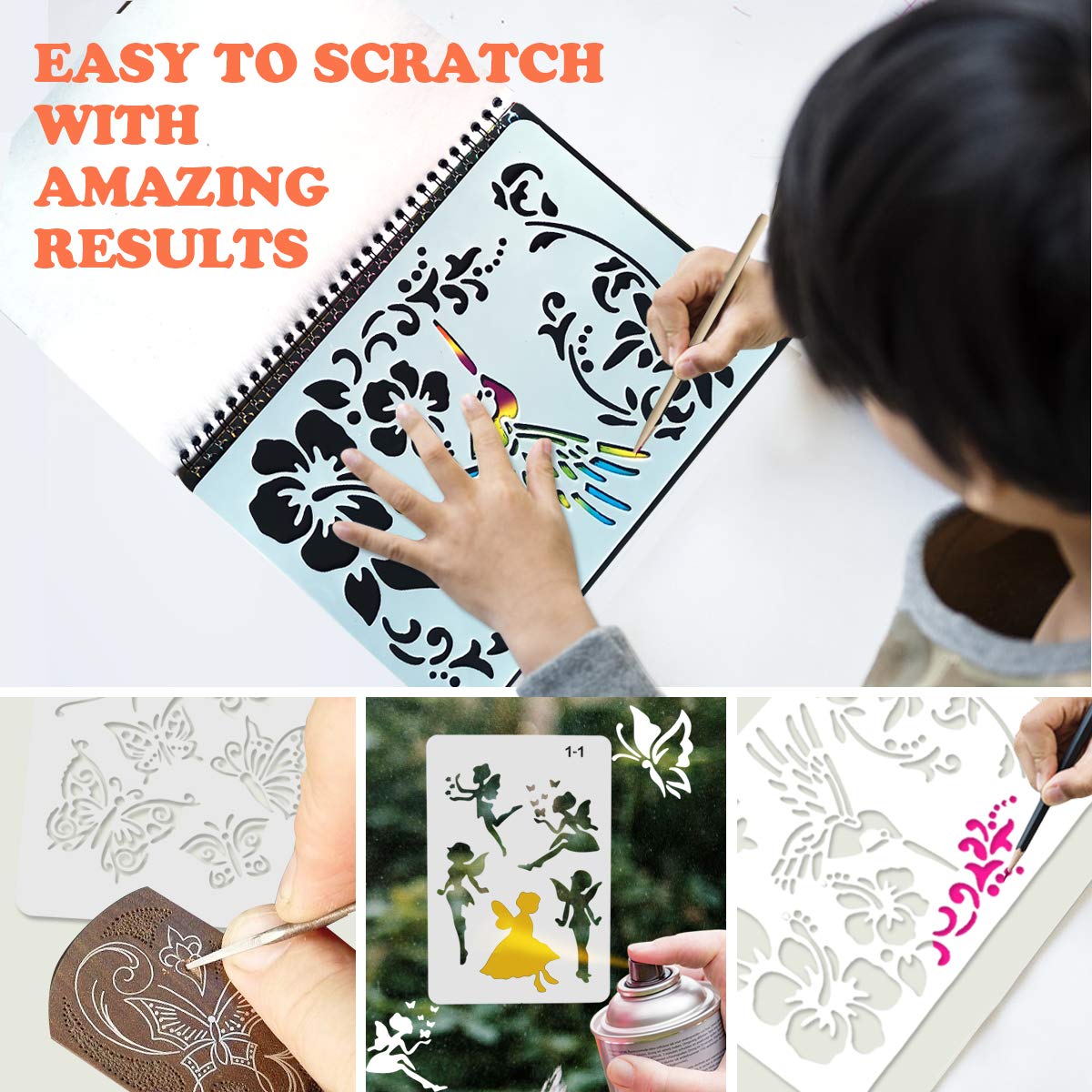 Mocoosy 3 Pack Rainbow Scratch Art Paper Notebooks, Magic Scratch Off Paper Set for Kids Arts Crafts, Black Scratch Note Doodle Pads for Drawing Christmas Gifts Birthday Game Coloring Activity
