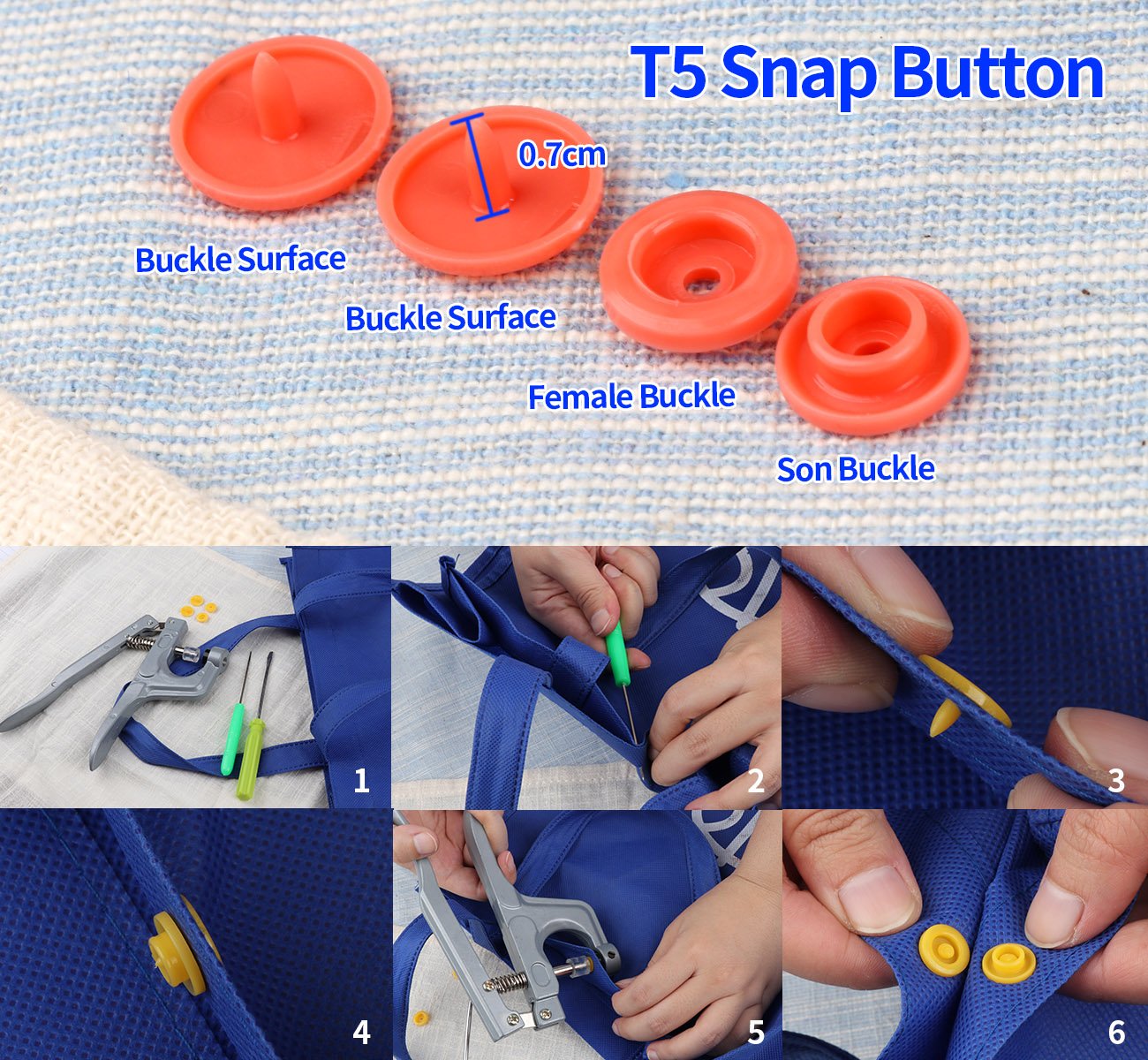 ilauke 400 Sets Snap Buttons with Snap Pliers T5 Plastic Snaps No-Sew Buttons Fastener Setter for Clothing Diapers Bibs Rain Coat Crafting