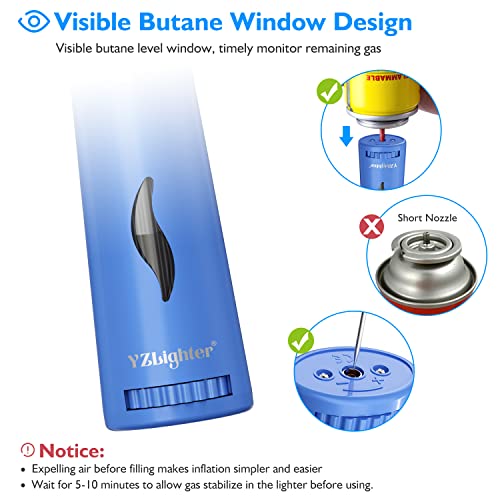 Butane Lighter Torch Long Lighter Refillable Jet Flame Windproof Lighter with Visual Fuel Window Flexible Lighter for Fireplace Grill BBQ Camping Kitchen, Blue (No Butane Included)