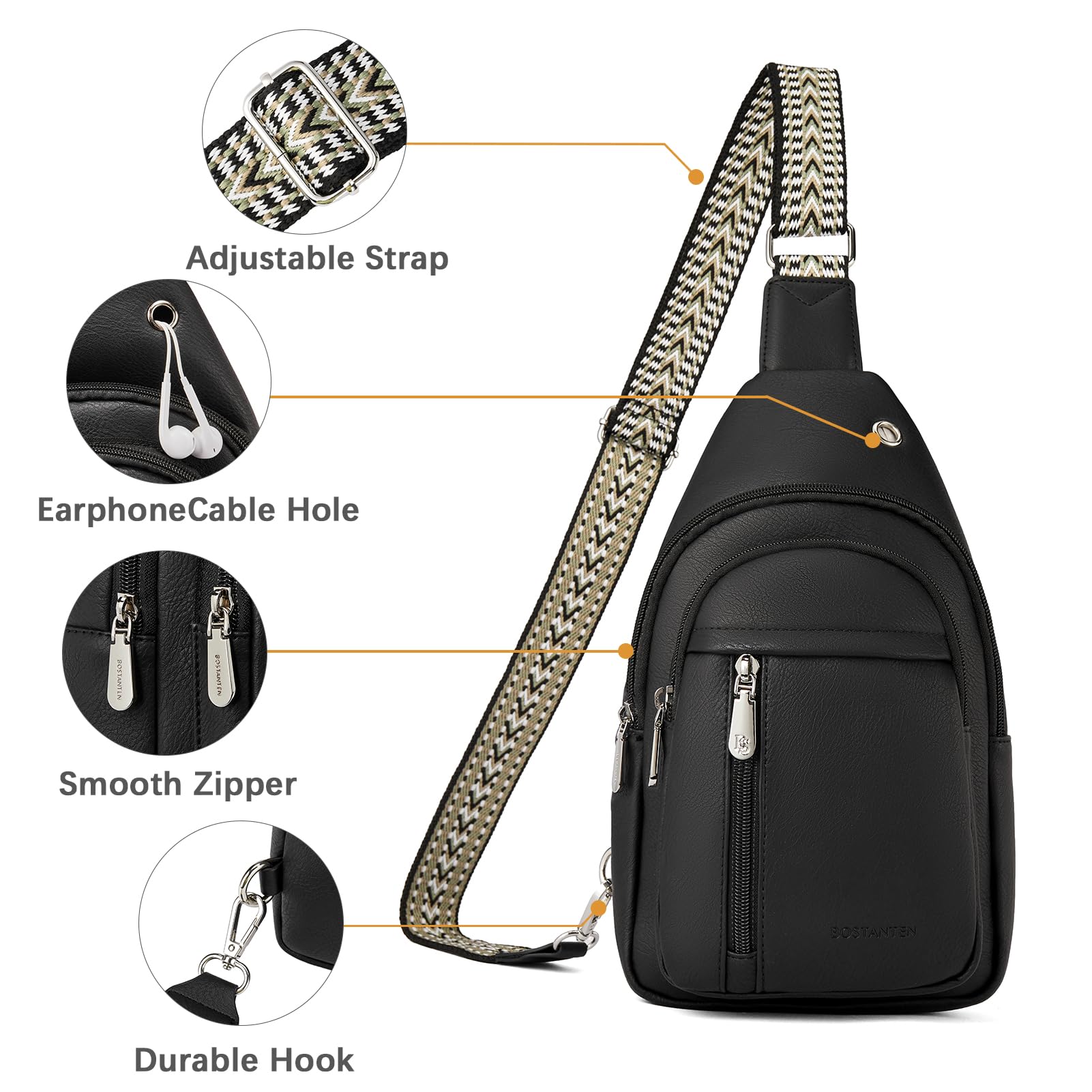 BOSTANTEN Sling Bag Cross Body Bag Trendy Leather Crossbody Purse Chest Bag with Adjustable Guitar Strap for Travel, Black