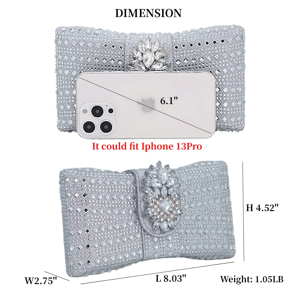 Chaliwini Bow Clutch With Rhinestone Silver Purses for Women Evening Bag Party Flower handbag (Silver)