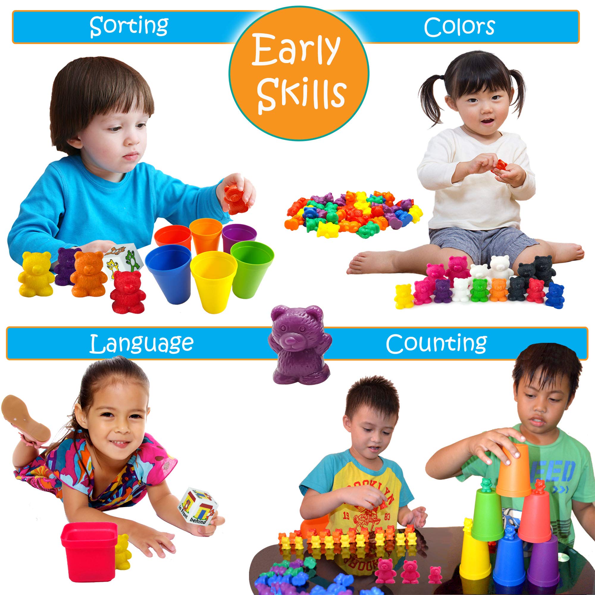 Skoolzy Language Rainbow Counting Bears, Matching Sorting Cups with Scoop Tongs 114pc Set - Teddy Bear Math Manipulatives for Toddlers - Sensory Toys - Fine Motor Skills Toys for Age 3+