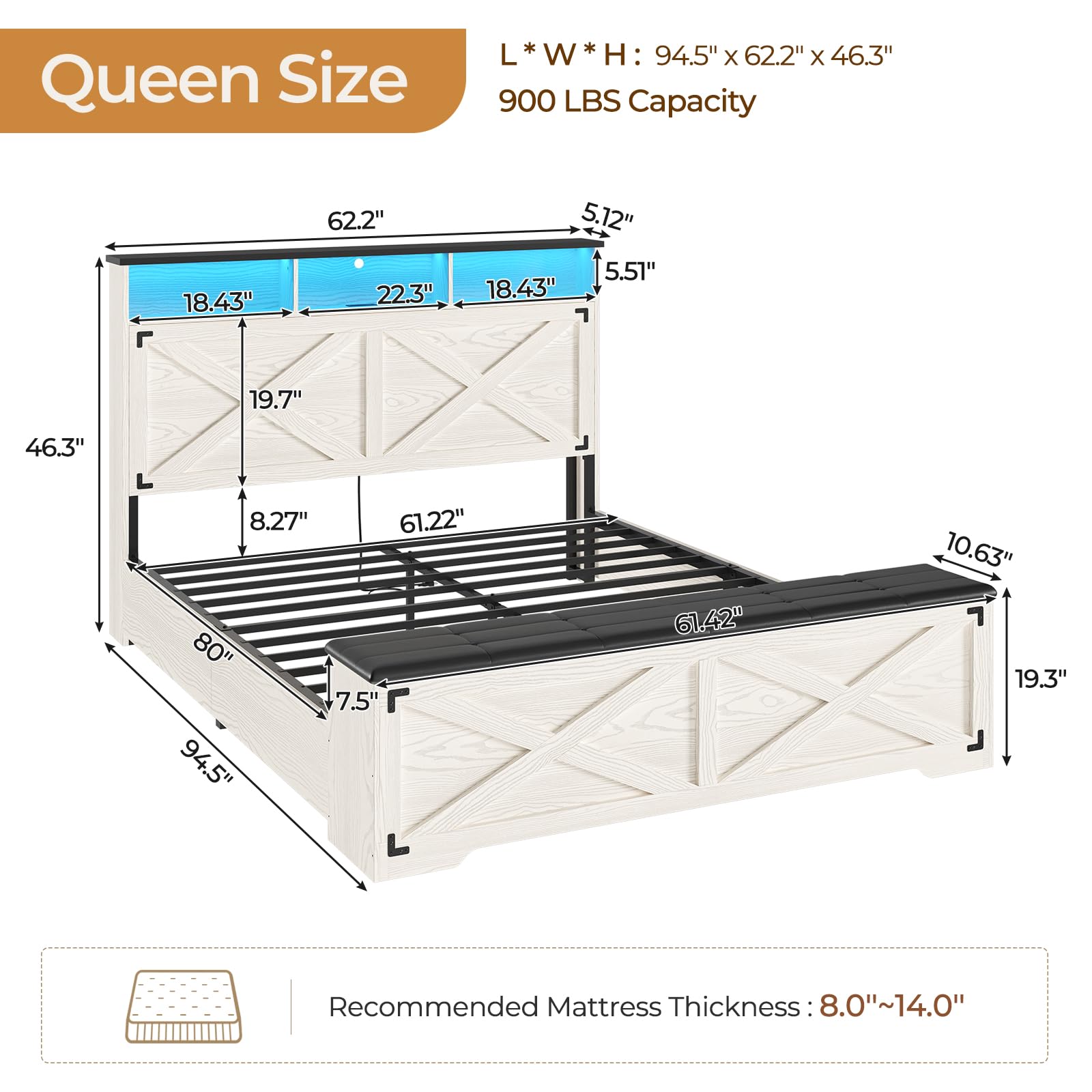 DICTAC Farmhouse Queen Bed Frame with Storage Headboard, Charging Station and LED Lights Queen Size Platform Bed Frame with Storage Ottoman, Metal Slats Support, No Box Spring Needed, Antique White