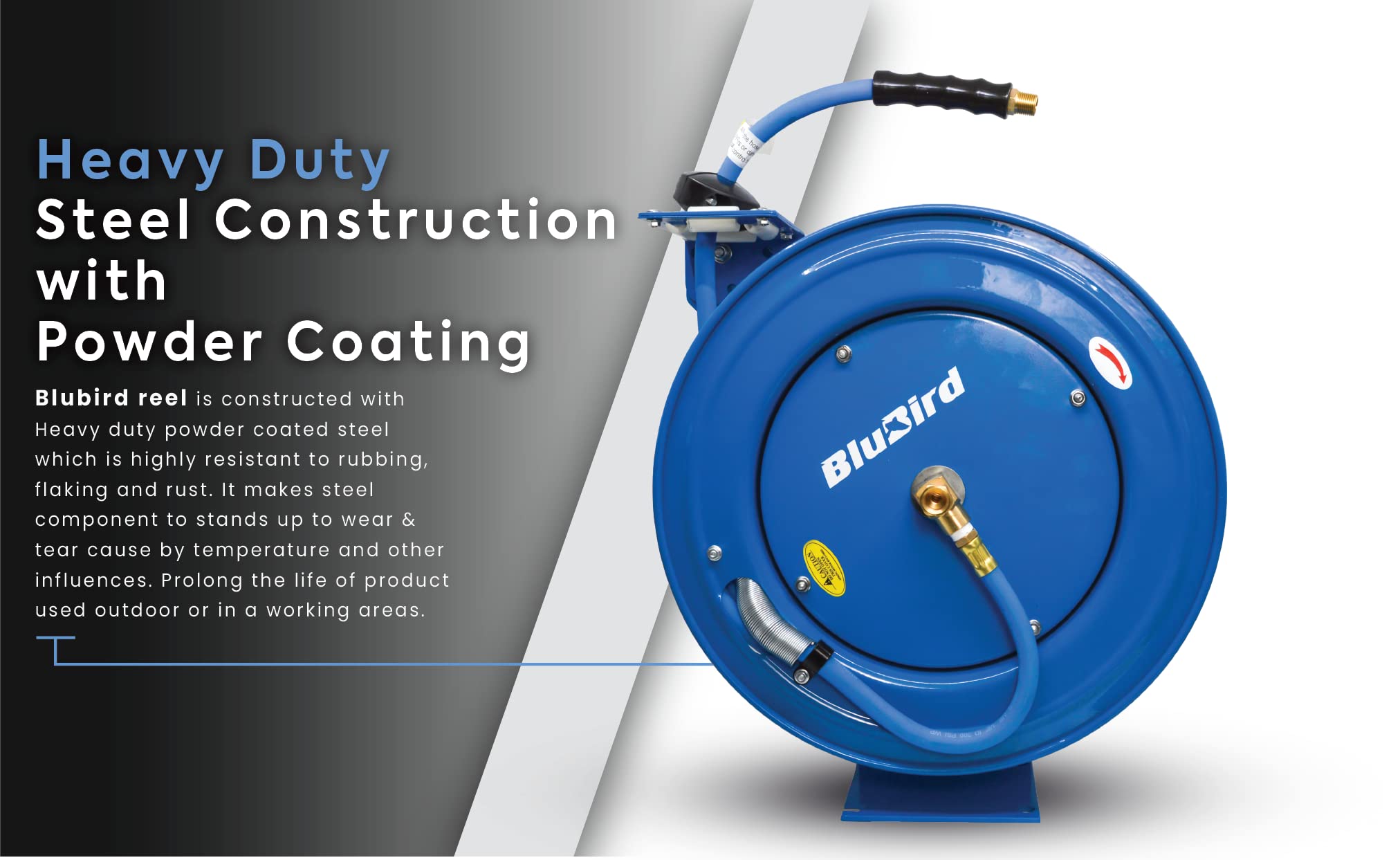 BLUBIRD BBRHD1250 18ga. Retractable Hose Reel with 1/2" X 50' Air Hose, 12 Point Ratcheting Gear, Next-Gen Rubber, Lightest, Strongest, Most Flexible, 300 PSI, -50F to 190F Degrees, Polyester Braided