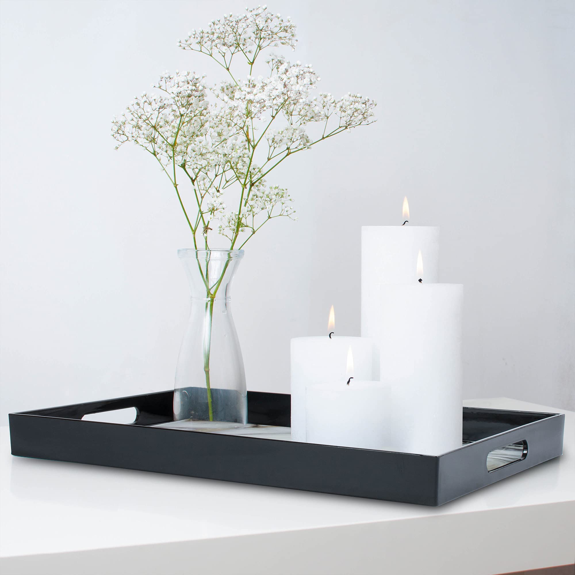 Bowmani Large Ottoman Tray Set - Faux Marble Coffee Table Tray with Black Accents, 18 x 12 Inches