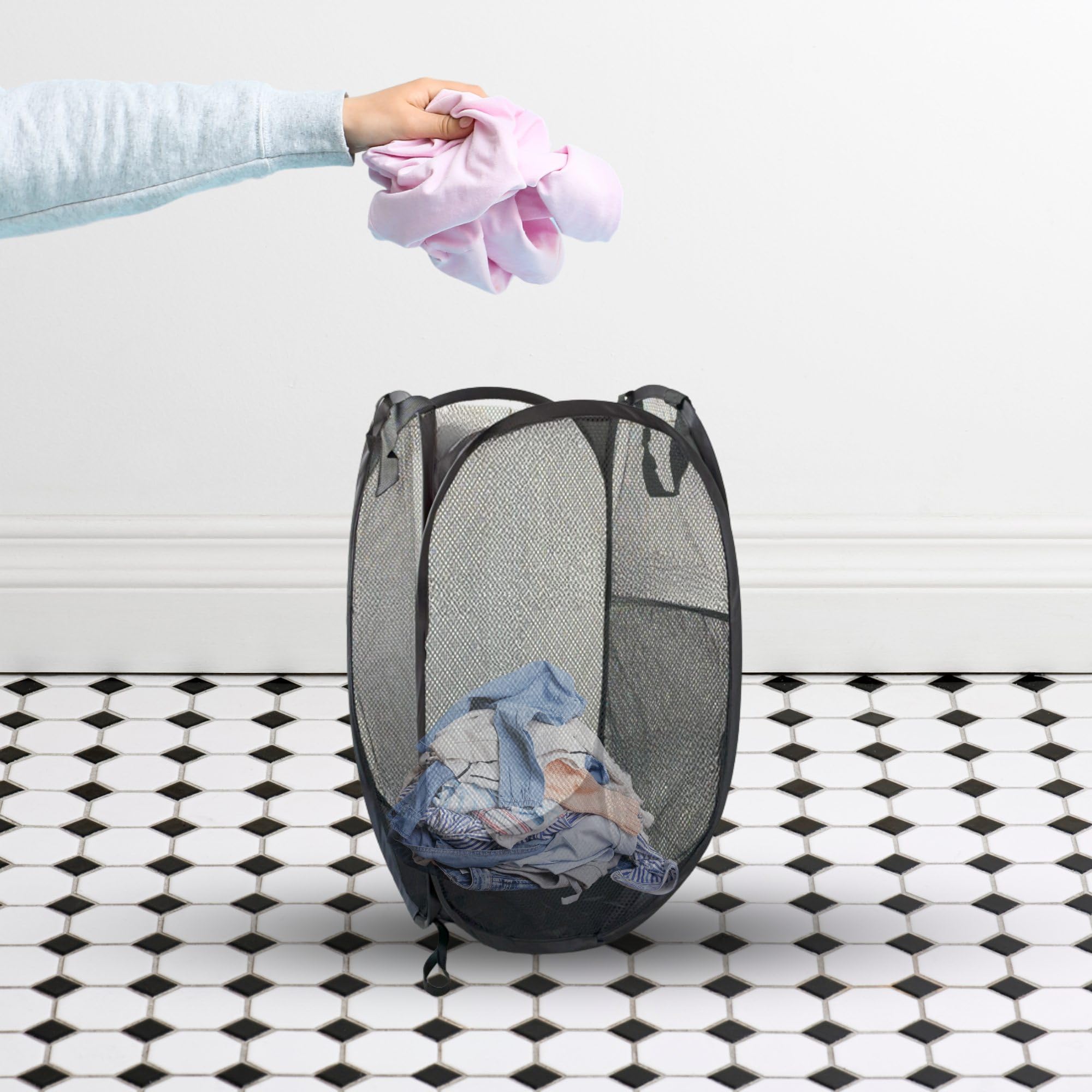Collapsible Portable Mesh Laundry Storage Hamper - Durable, Foldable Closed Clothes Basket | Pop-up Folding Compact Washing Bag for Girl's Rooms, College Dorms, Cruises, or Travel (1PCS, Black)
