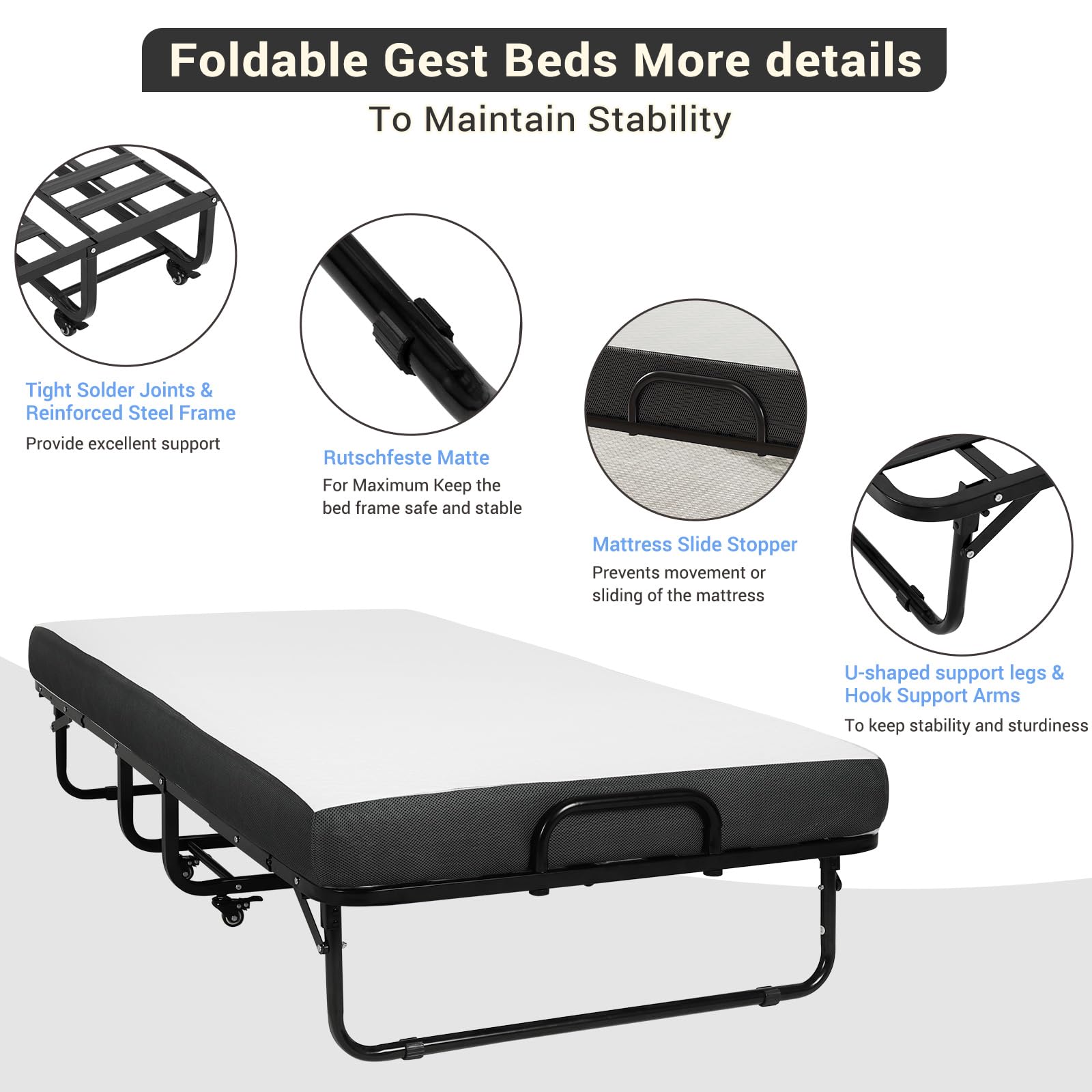 DICTAC Folding Bed with Mattress 75x38 Twin Size Bed Frame Portable Foldable Guest Bed for Adults Rollaway Bed with Wheels Fold up Bed with Metal Slats Bed Frame- 5'' Luxurious Memory Foam Mattress
