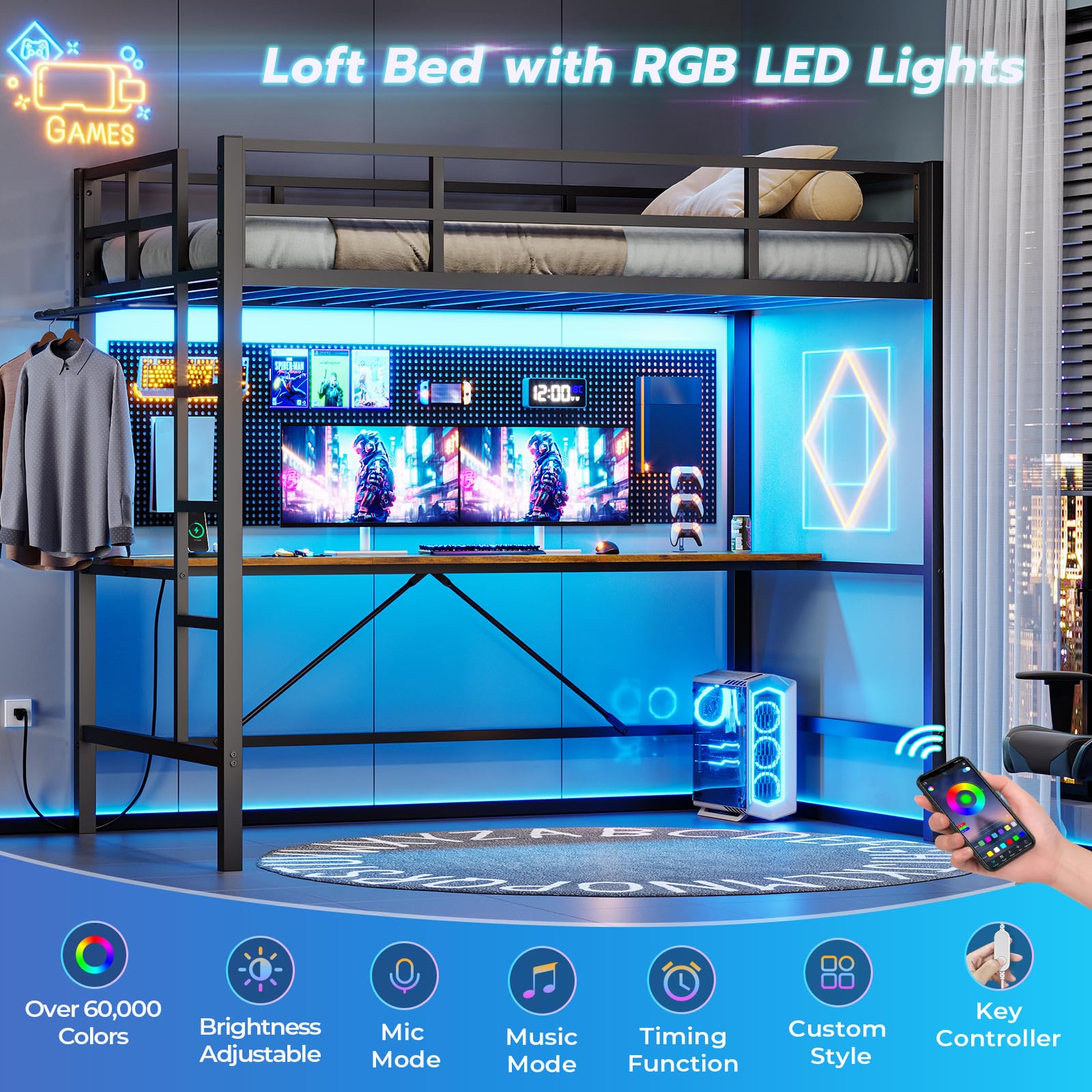 DICTAC Loft Bed Full Size with Desk and Led Lights Full Metal Loft Bed with Charging Station Full Size Metal Bed Frame with Safety Guard & Ladder, Space-Saving,No Noise,No Box Spring Needed, Black