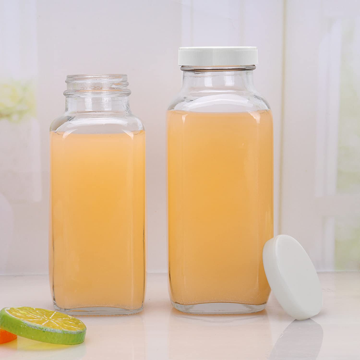 Encheng Glass Bottles 12 Ounce,Airtight Glass Beverage Bottles with Lids,Clear Vintage Drinking Bottles 350ml,Juicing Bottles for Storage Tea,Kombucha,Milk,Smoothies,20 Pack