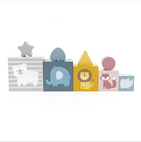 moderngenic Geometric Wooden Boxes | Blocks Stacker, Stacking & Nesting Educational Tower with Shapes, Pictures of Animals and Numbers for Toddlers