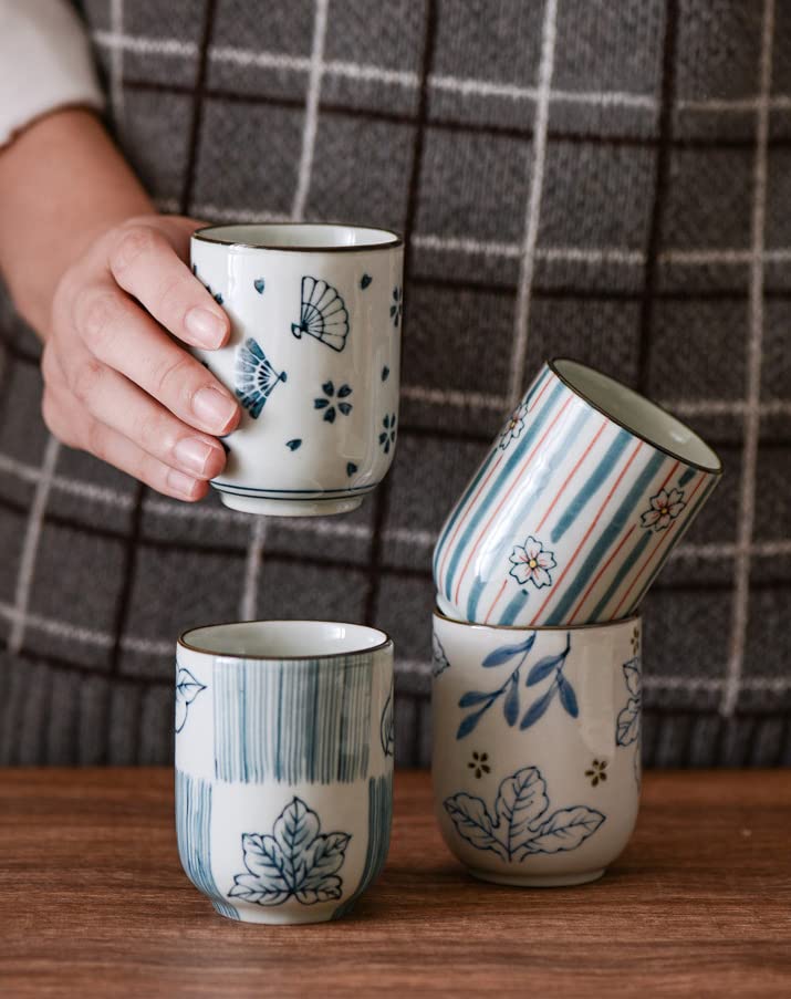 Caalio Japanese Retro Porcelain Tea Cups, for Matcha Coffee Hot Green Tea, Chinese Tea, Mino ware, Compact Cup, Diameter 2.3 inches x height 2.9 inches, 5fl oz/150ml - Folding Fan